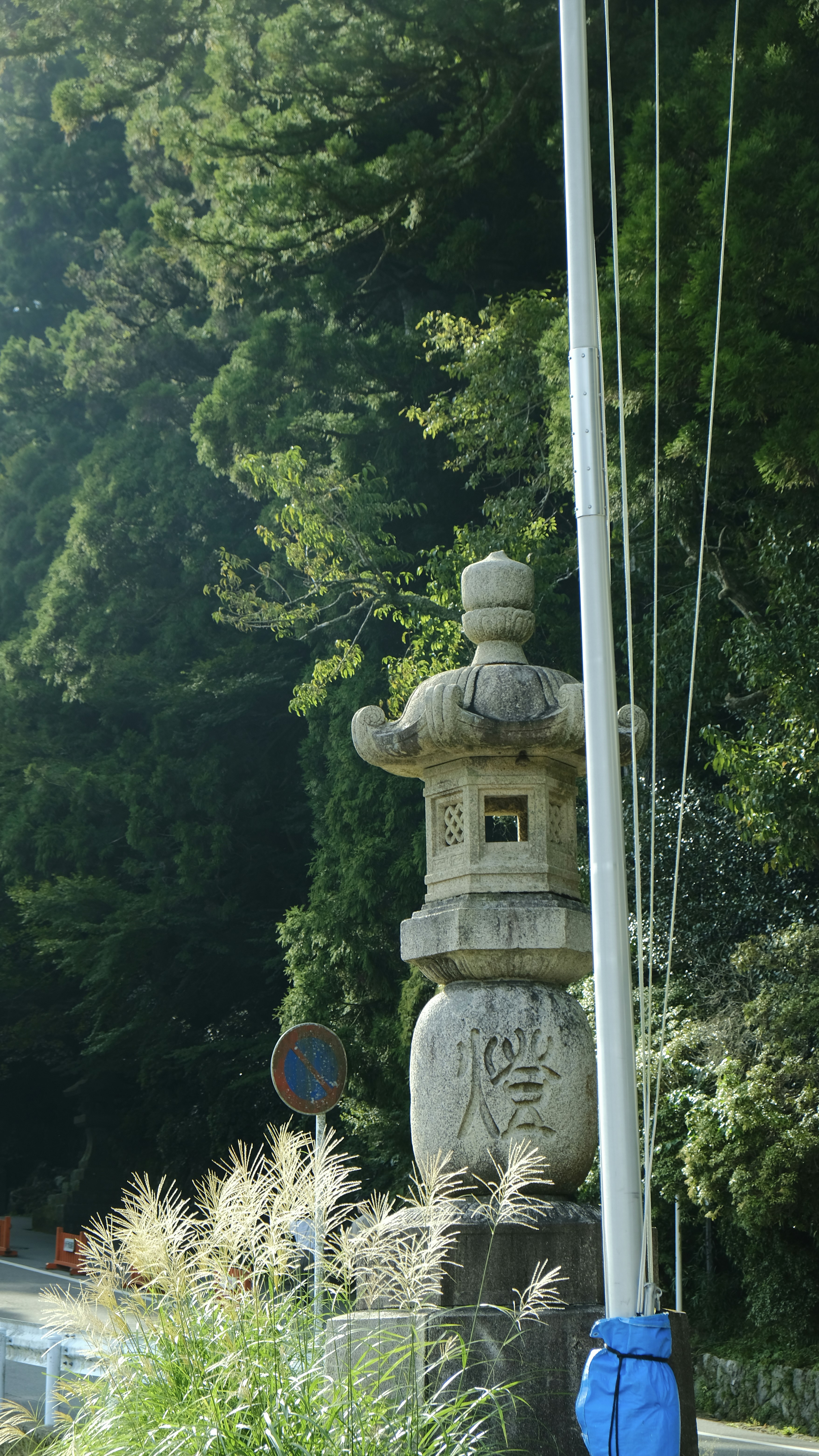 Stone Lantern by the Road: Quiet Monument Framed by Wires and Grasses