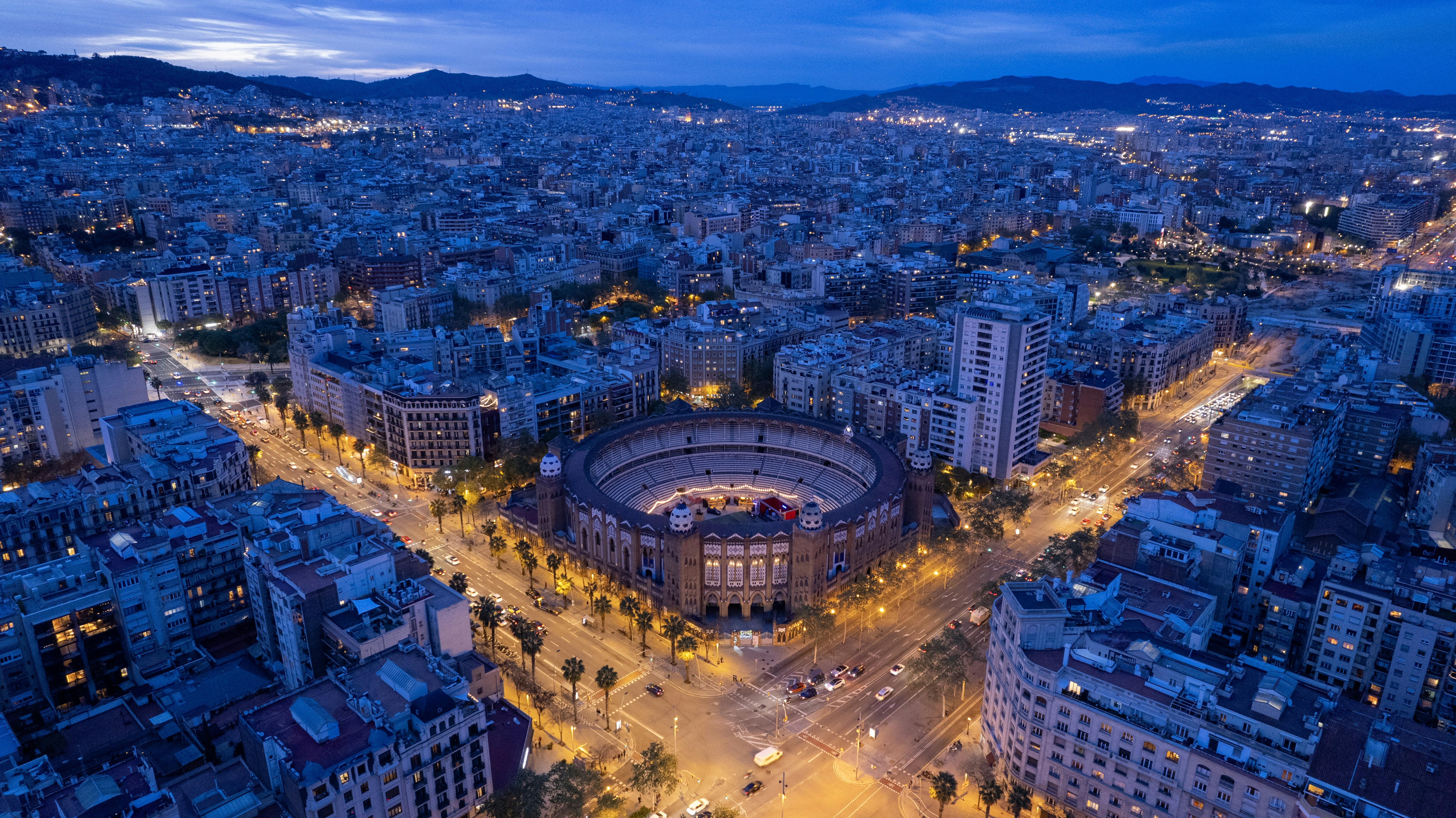 An aerial view of a city at night
