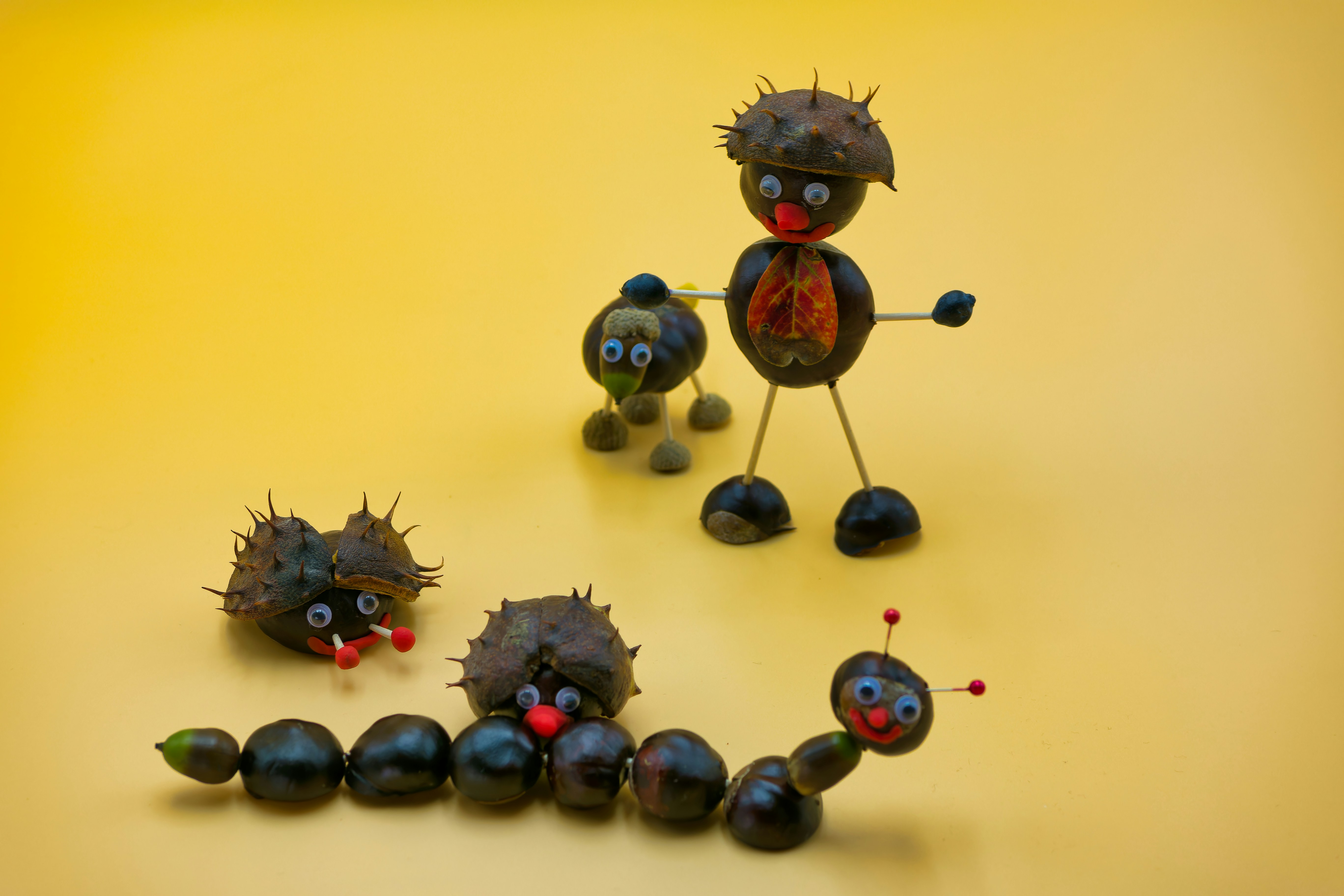 Beaded Hedgehog Parade on a Sunlit Yellow Stage