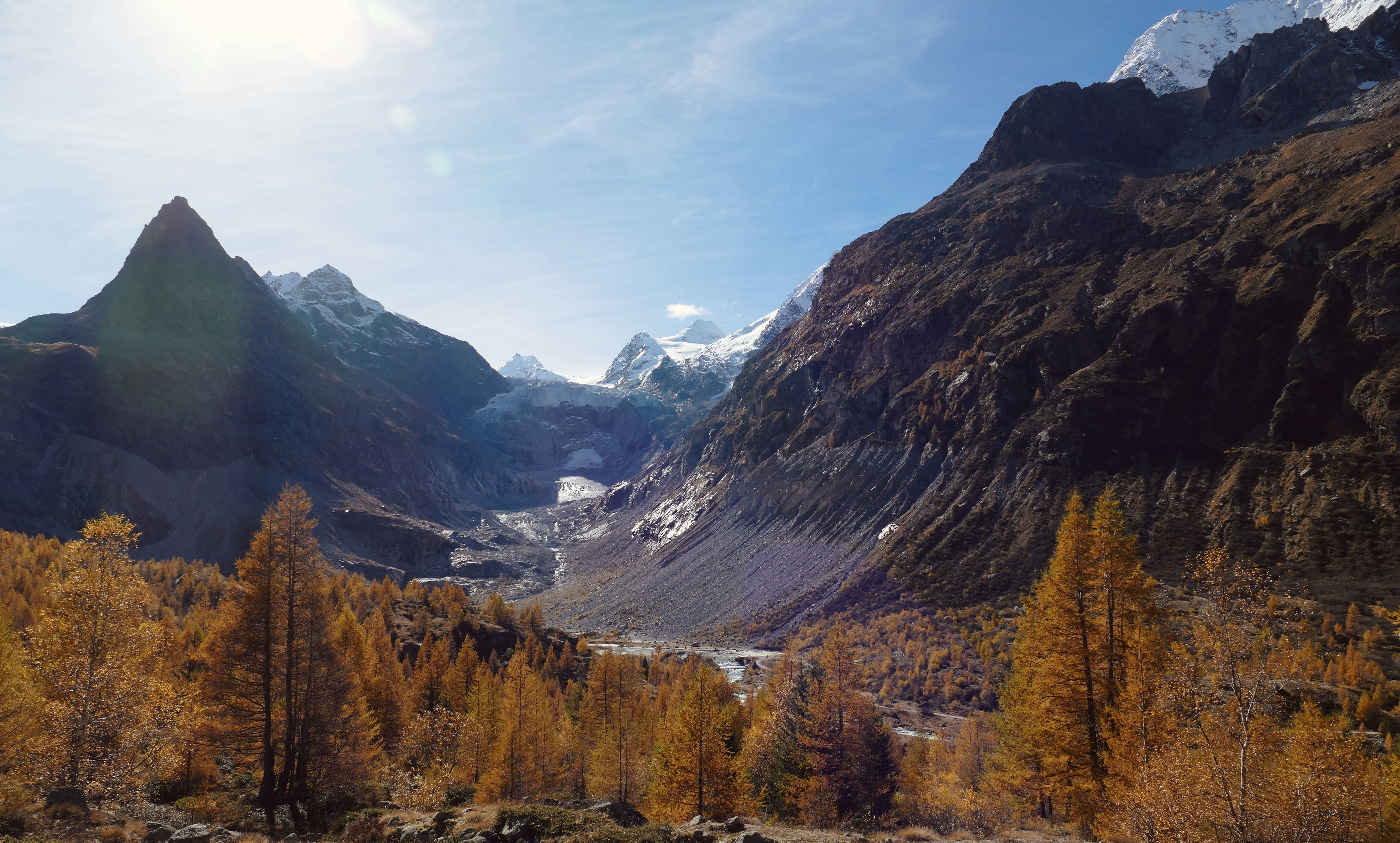 The Ferpècle Glacier and the Larch trees: what a spectacle. | A scenic view of a mountain range with trees in the foreground