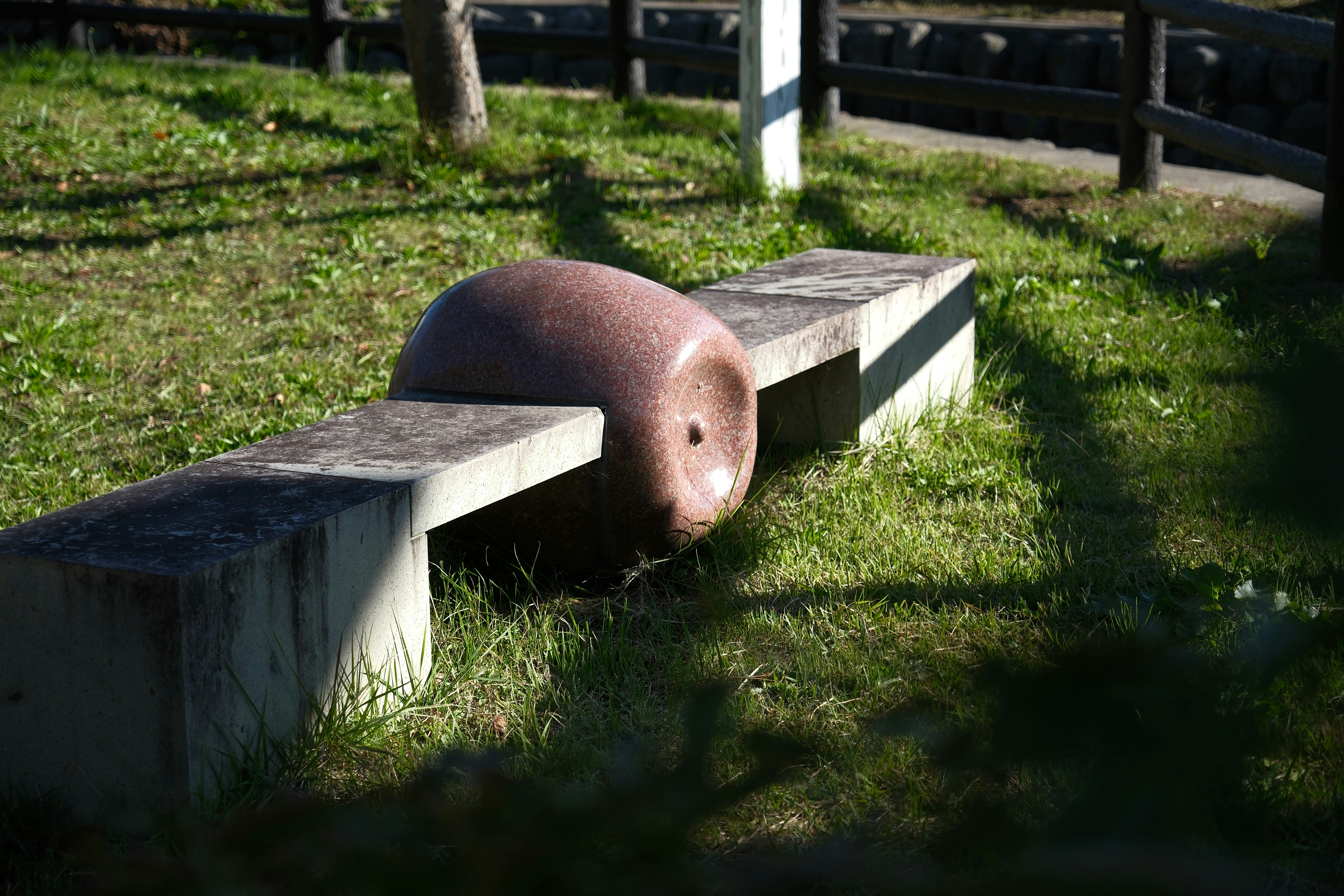 Sunlit Stone on a Park Bench: Quiet Geometry in Greens and Grays