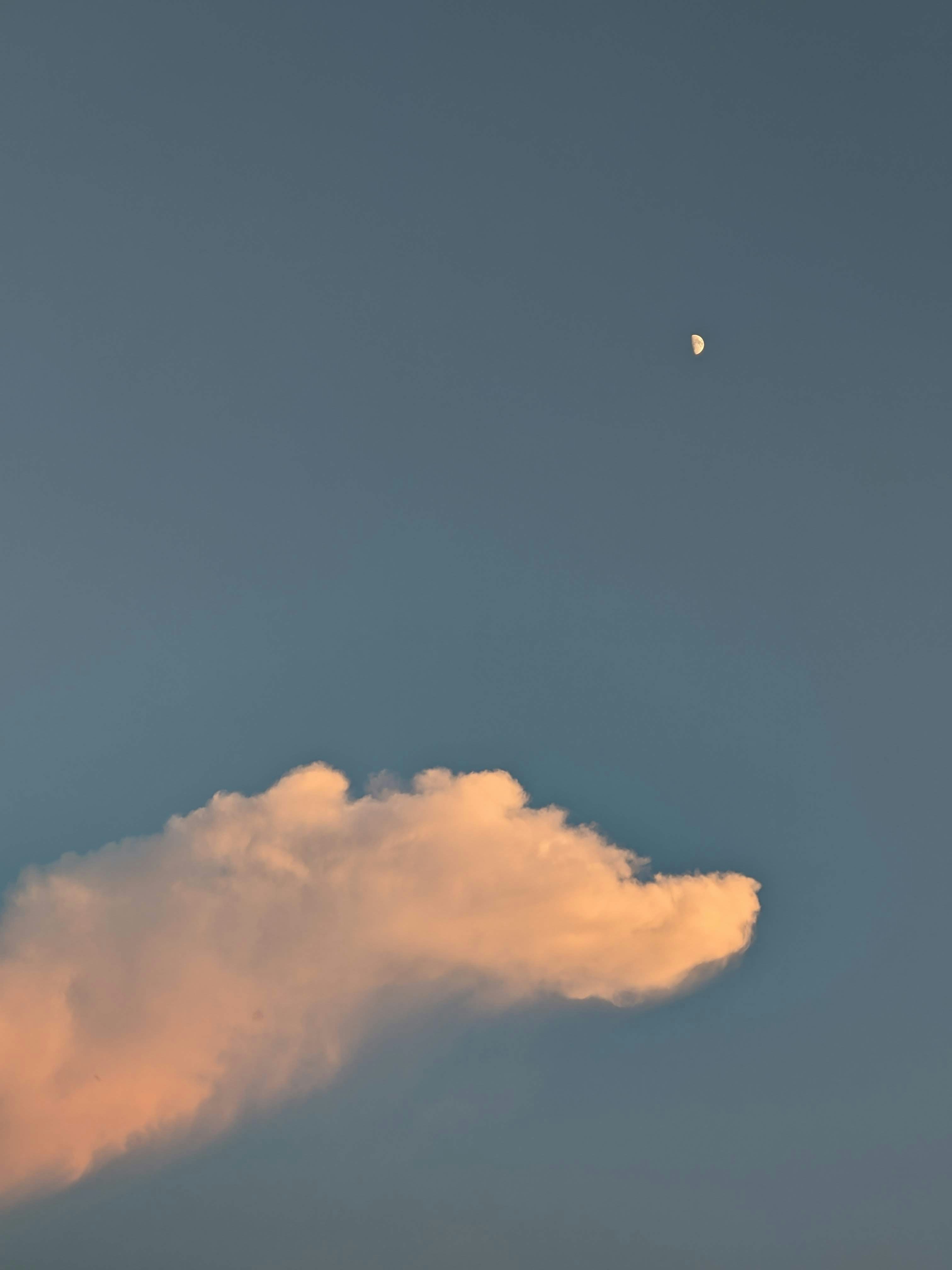 Crescent Moon Over a Peach-Tinted Cloud