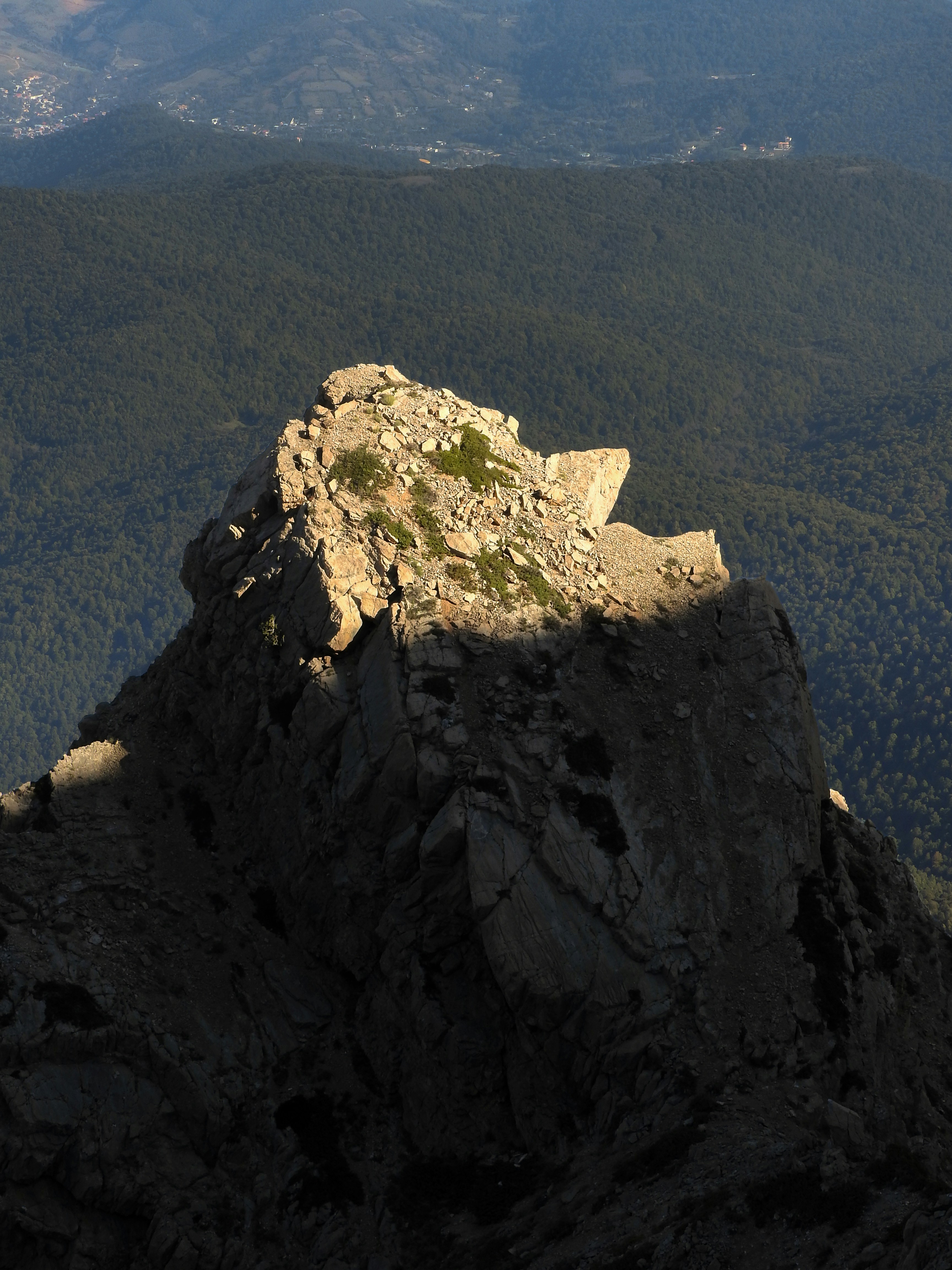 Sunlit rock pinnacle rises from shadowed slopes, framed by a dense pine forest and distant mountains.