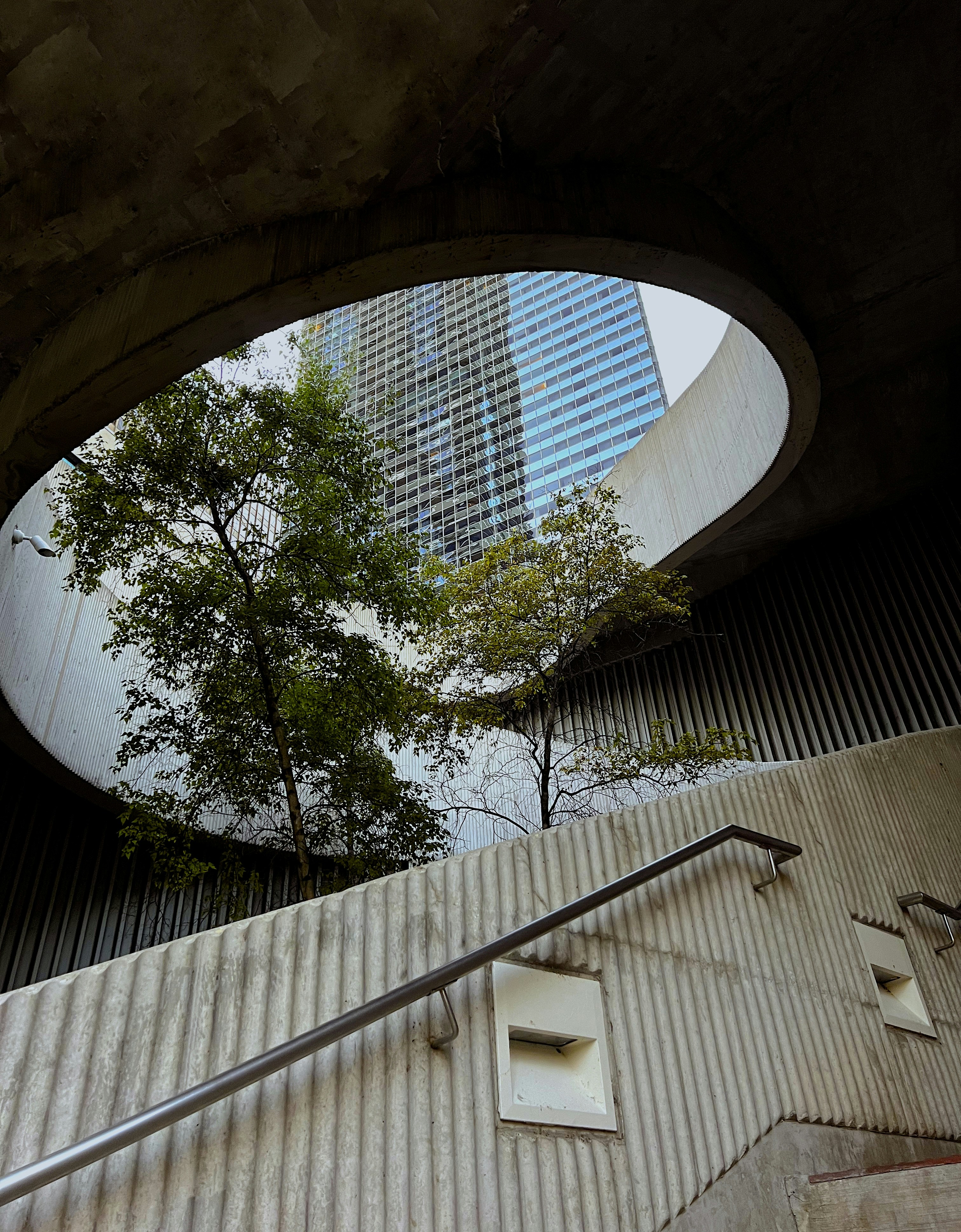 A view of a building through a round window photo – Free Architecture ...