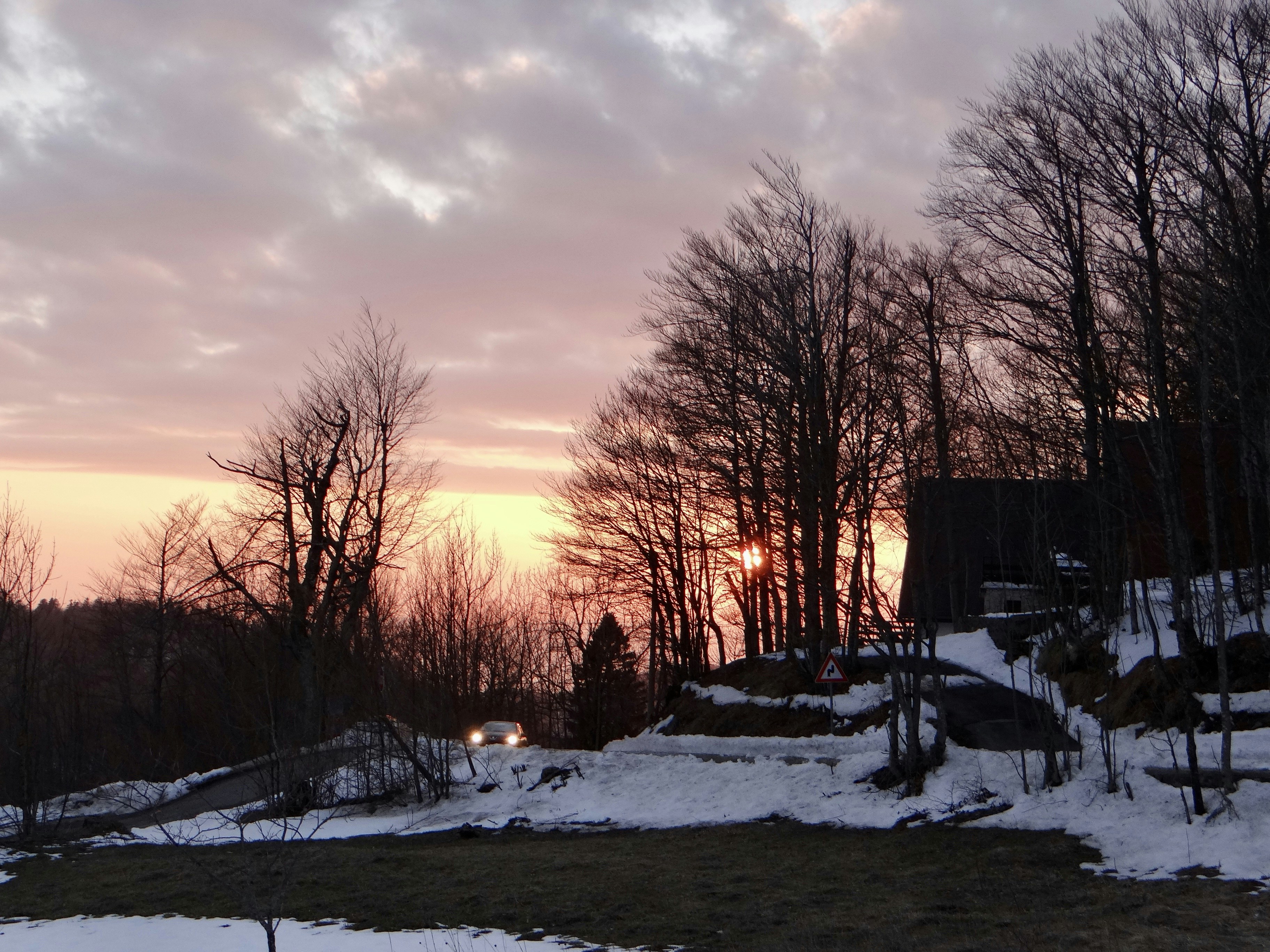 Snow-covered landscape with bare trees silhouetted against a vibrant sunset sky.