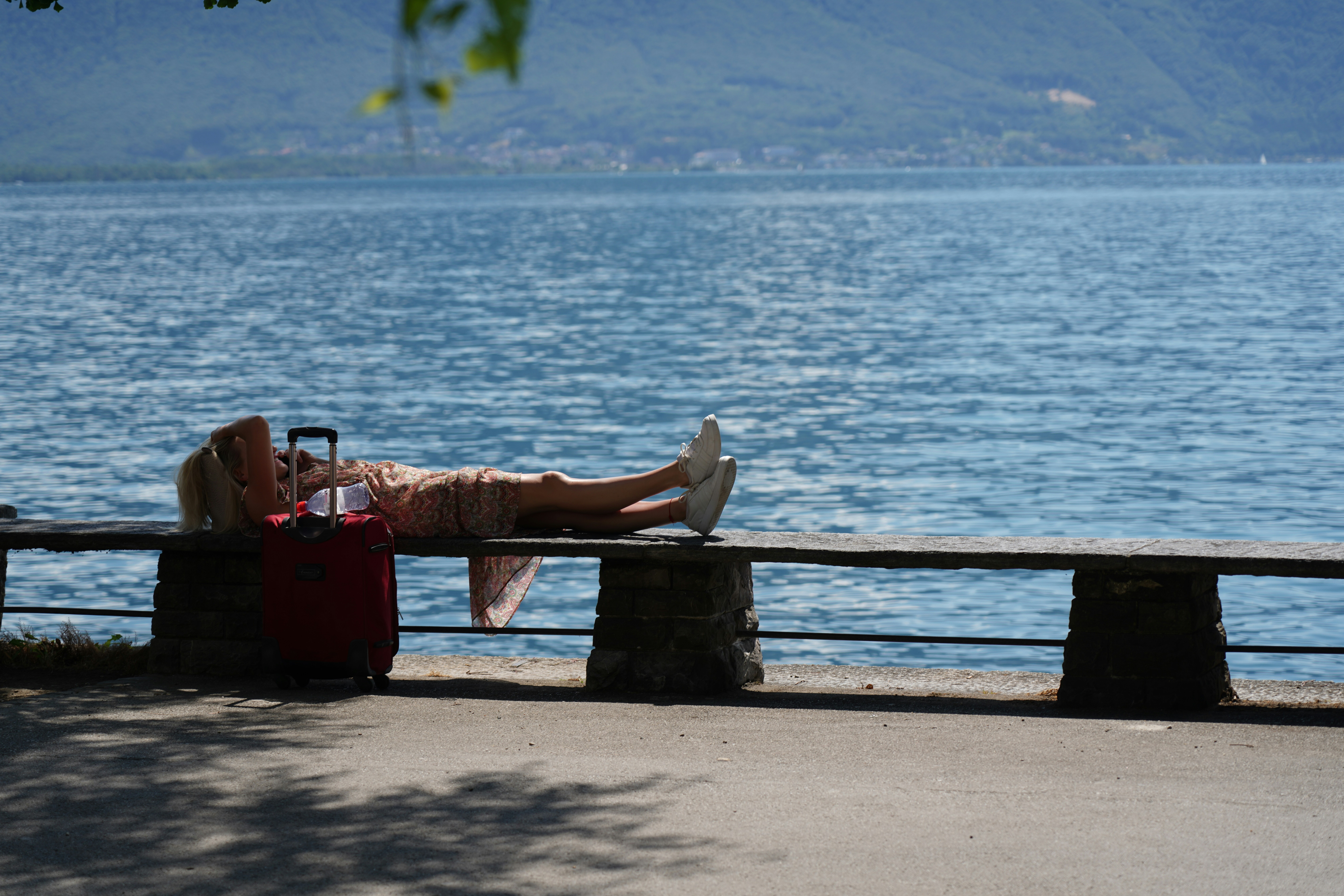 Lakeside Repose: a traveler resting beside the rail with a red suitcase