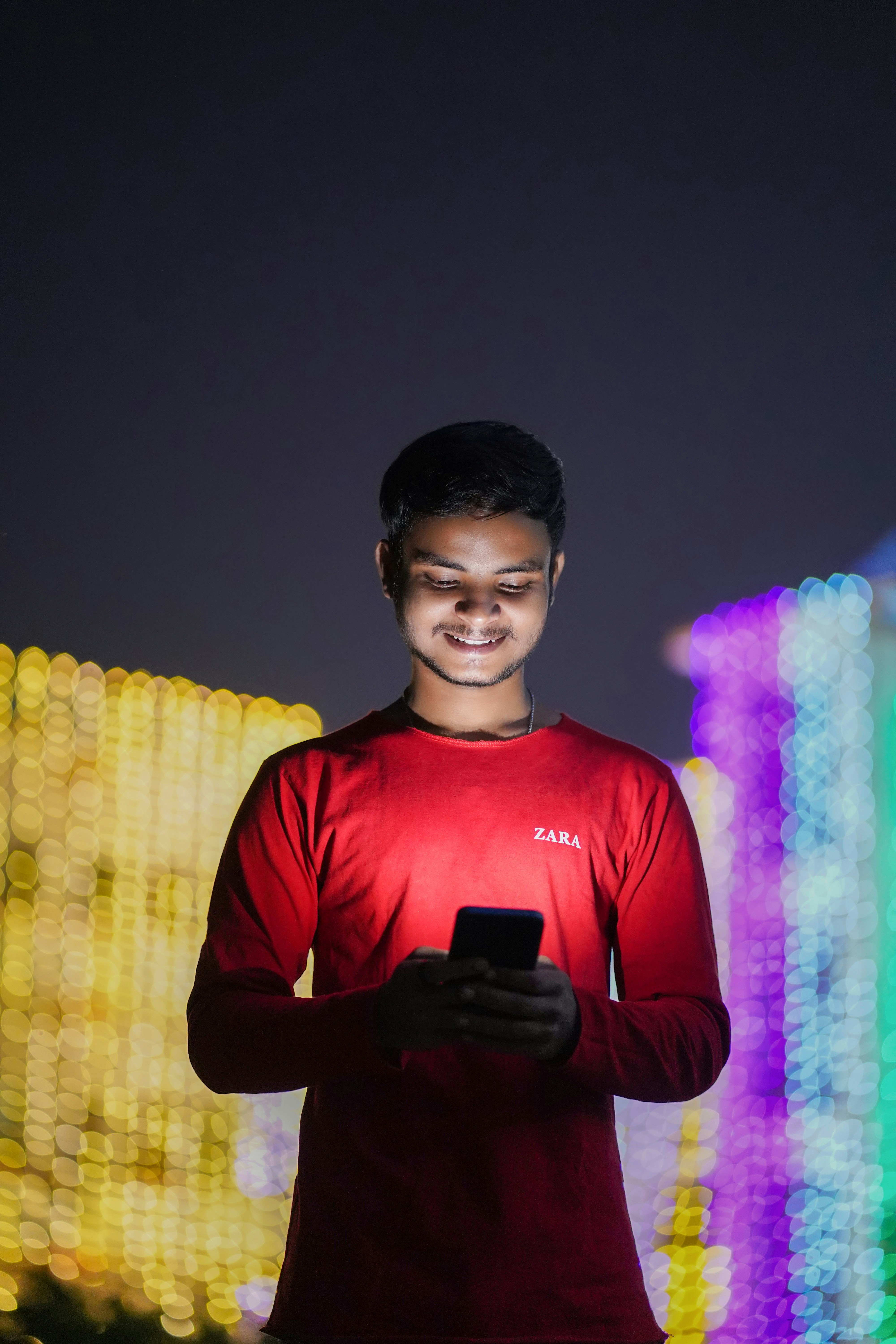 Red Shirt, Neon Night: Portrait Amid City Bokeh