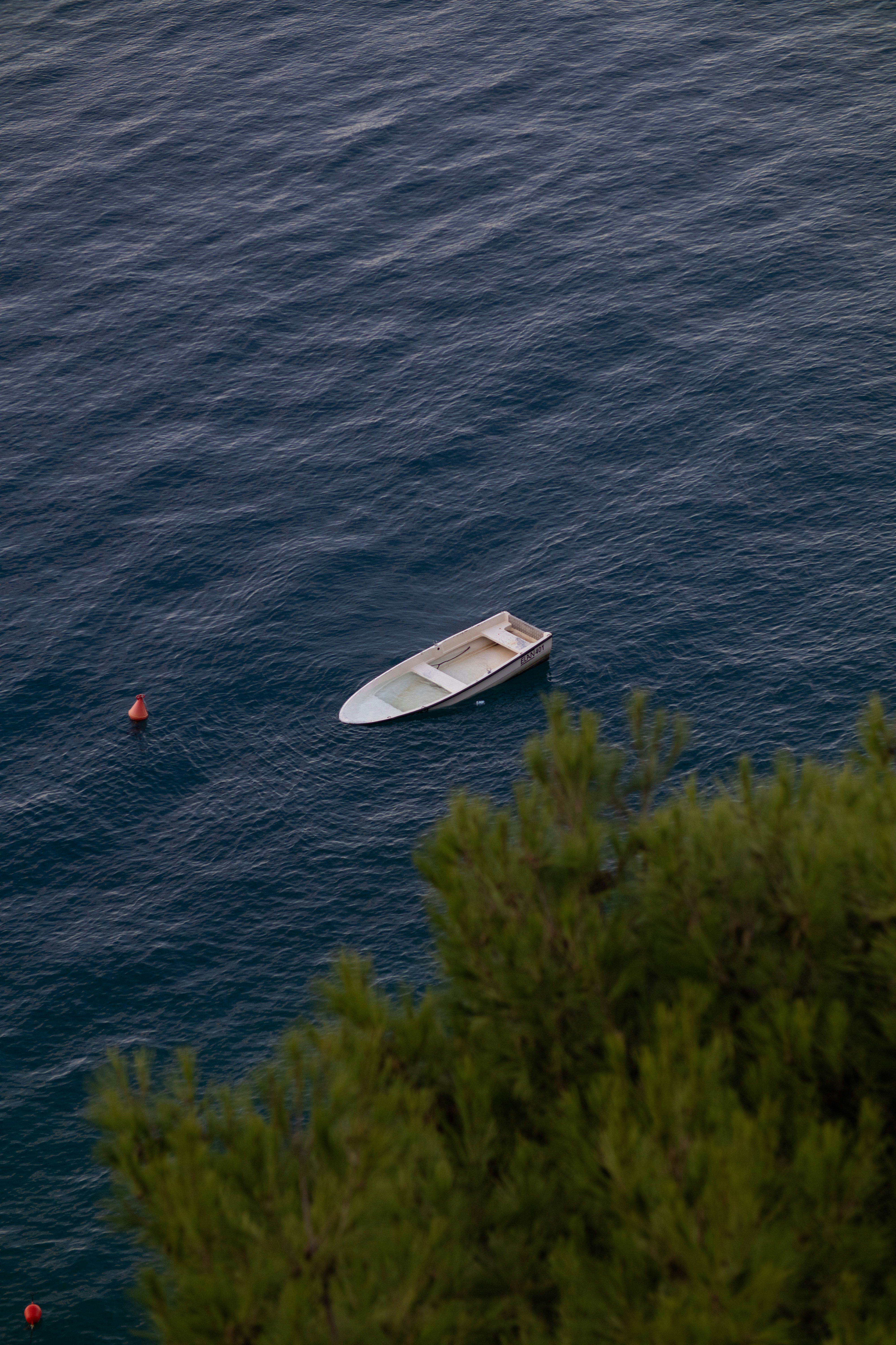Lone dinghy adrift under a cobalt sea, seen from a pine-fringed cliff