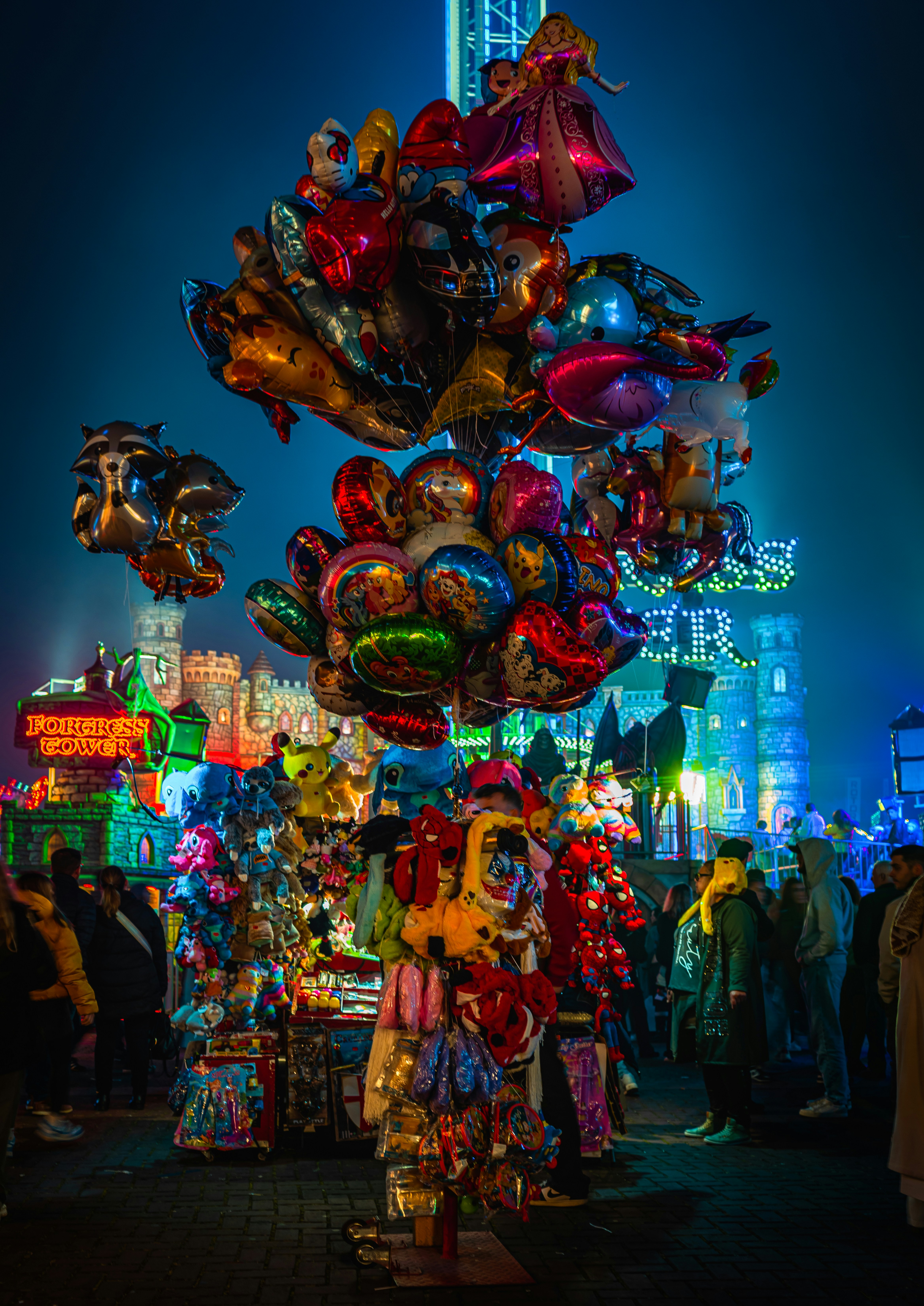 Neon Night Market Balloon Tower: A Floating Beacon Amid Carnival Glow