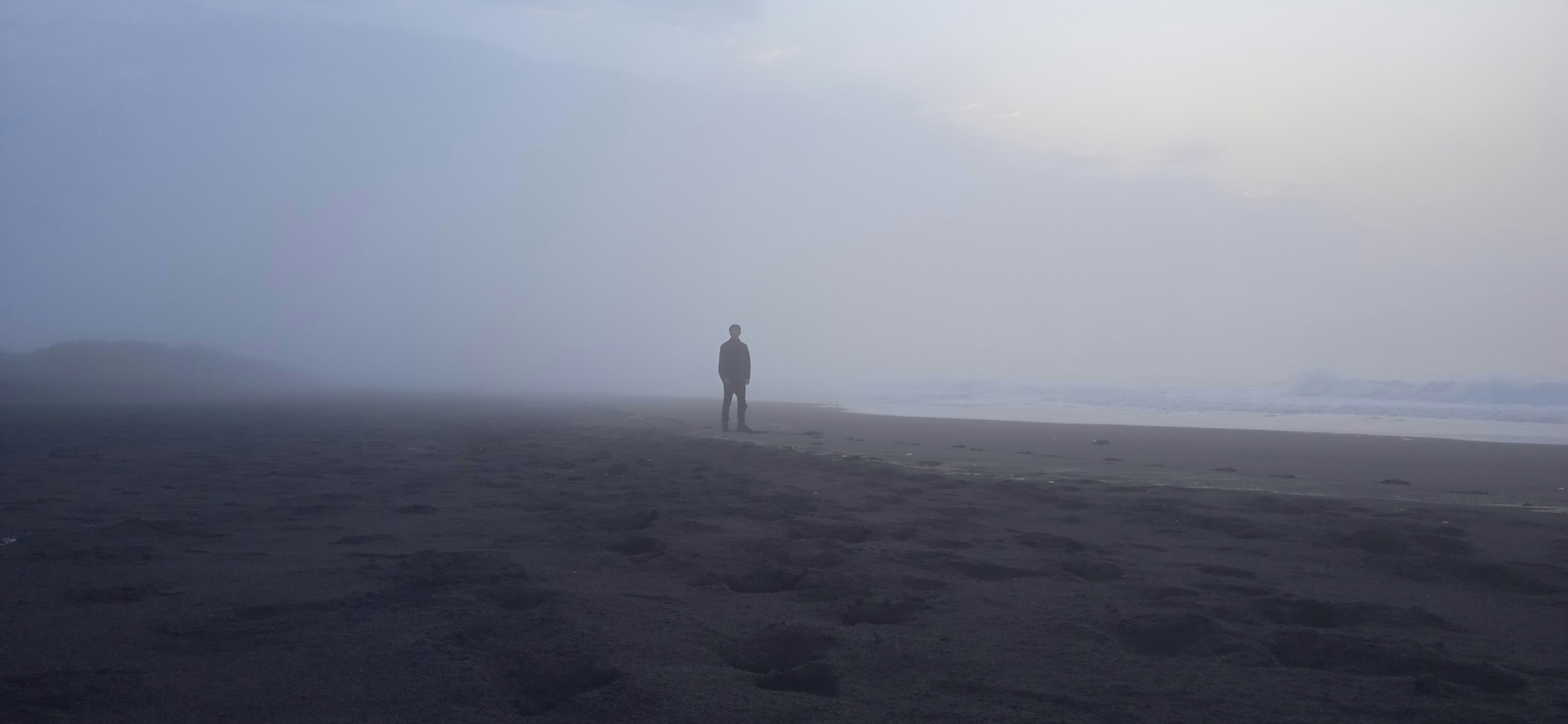 A lone figure stands on a foggy beach with a muted blue-gray sky and hazy horizon. The scene emphasizes solitude and atmospheric fog.