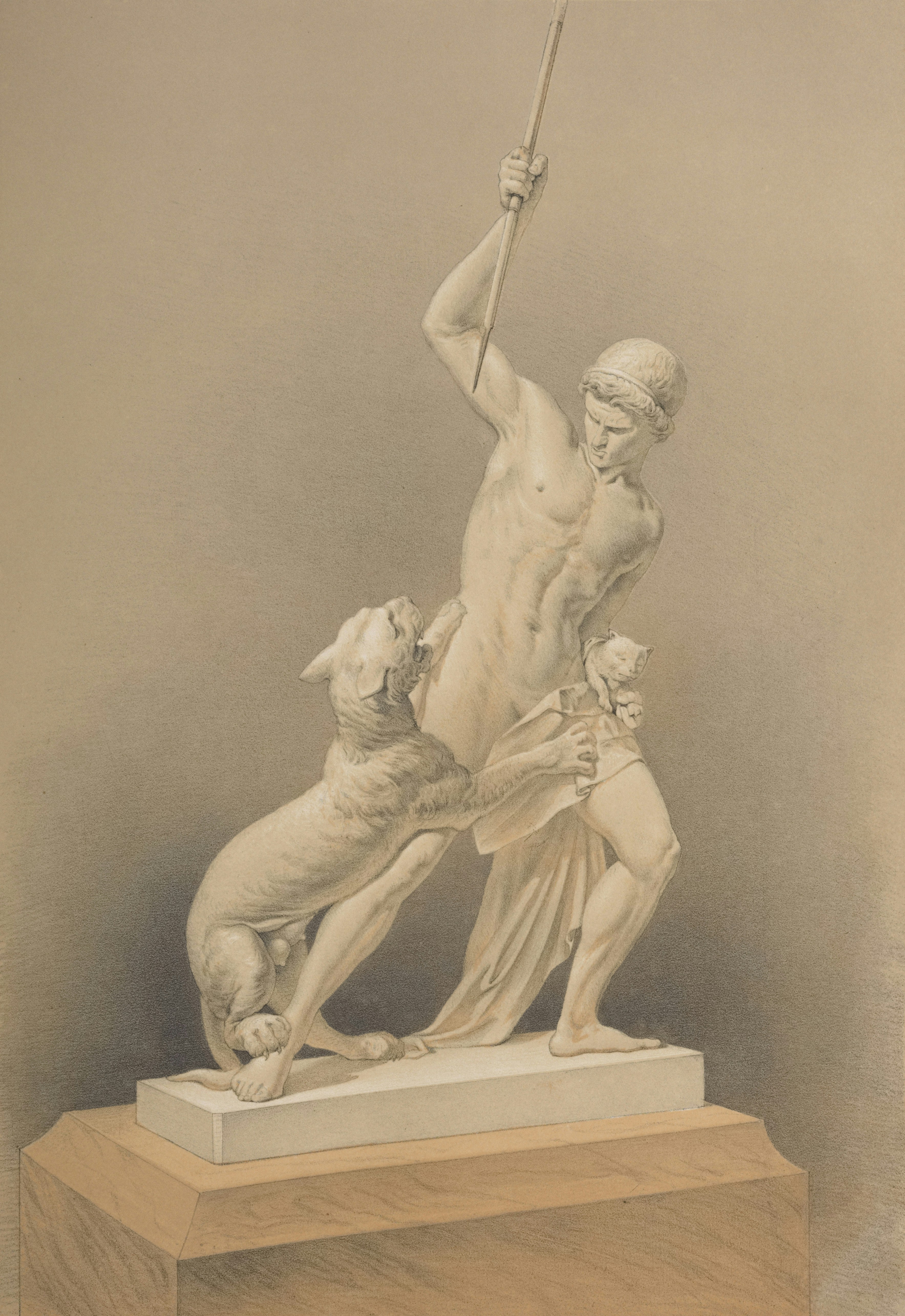 A dynamic sculpture depicting a muscular figure in combat with a fierce dog, showcasing tension and motion. The piece highlights the raw energy of the struggle between human and animal.