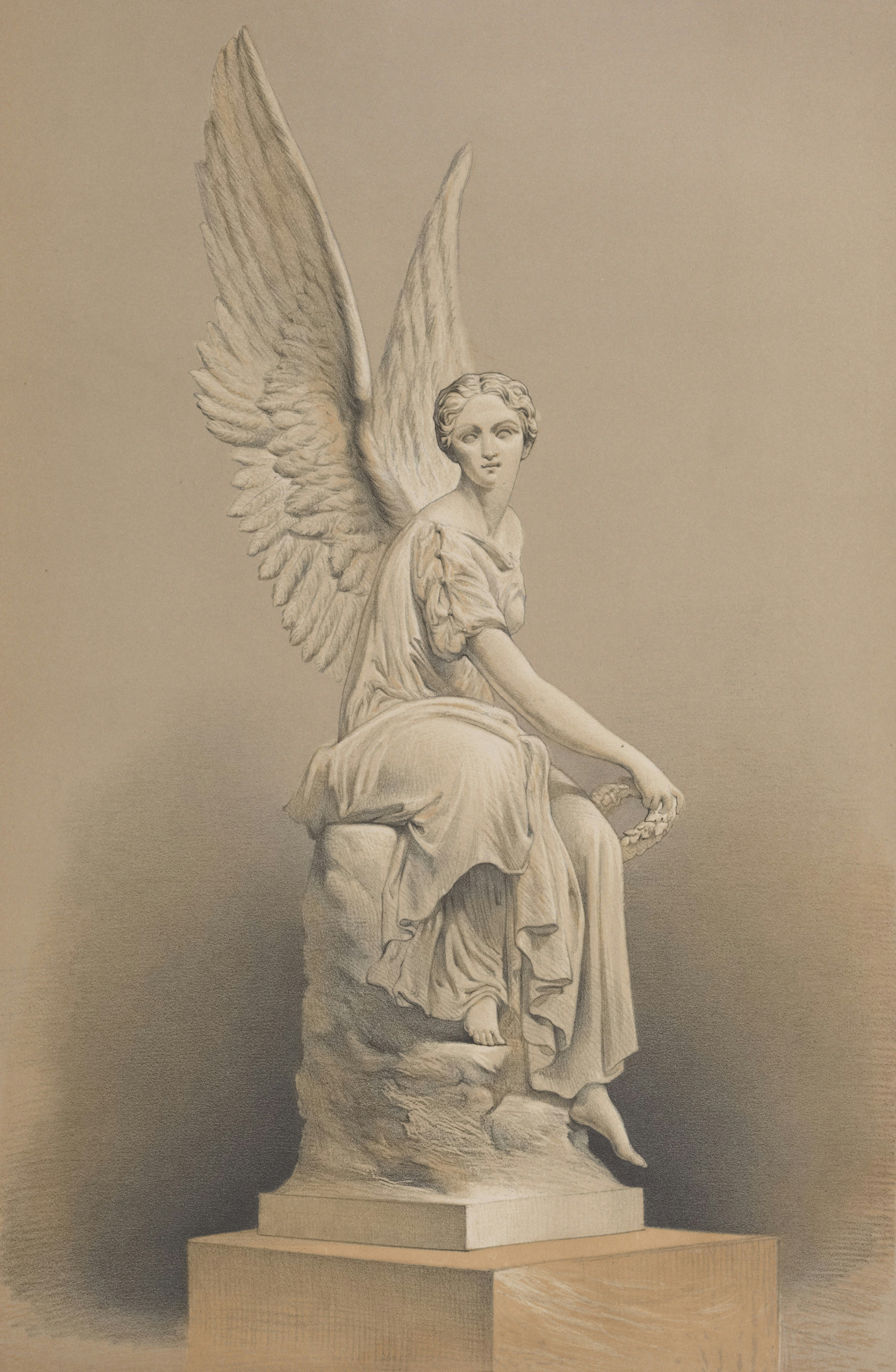 Elegant winged sculpture seated gracefully, holding a wreath, exuding an aura of tranquility and strength.
