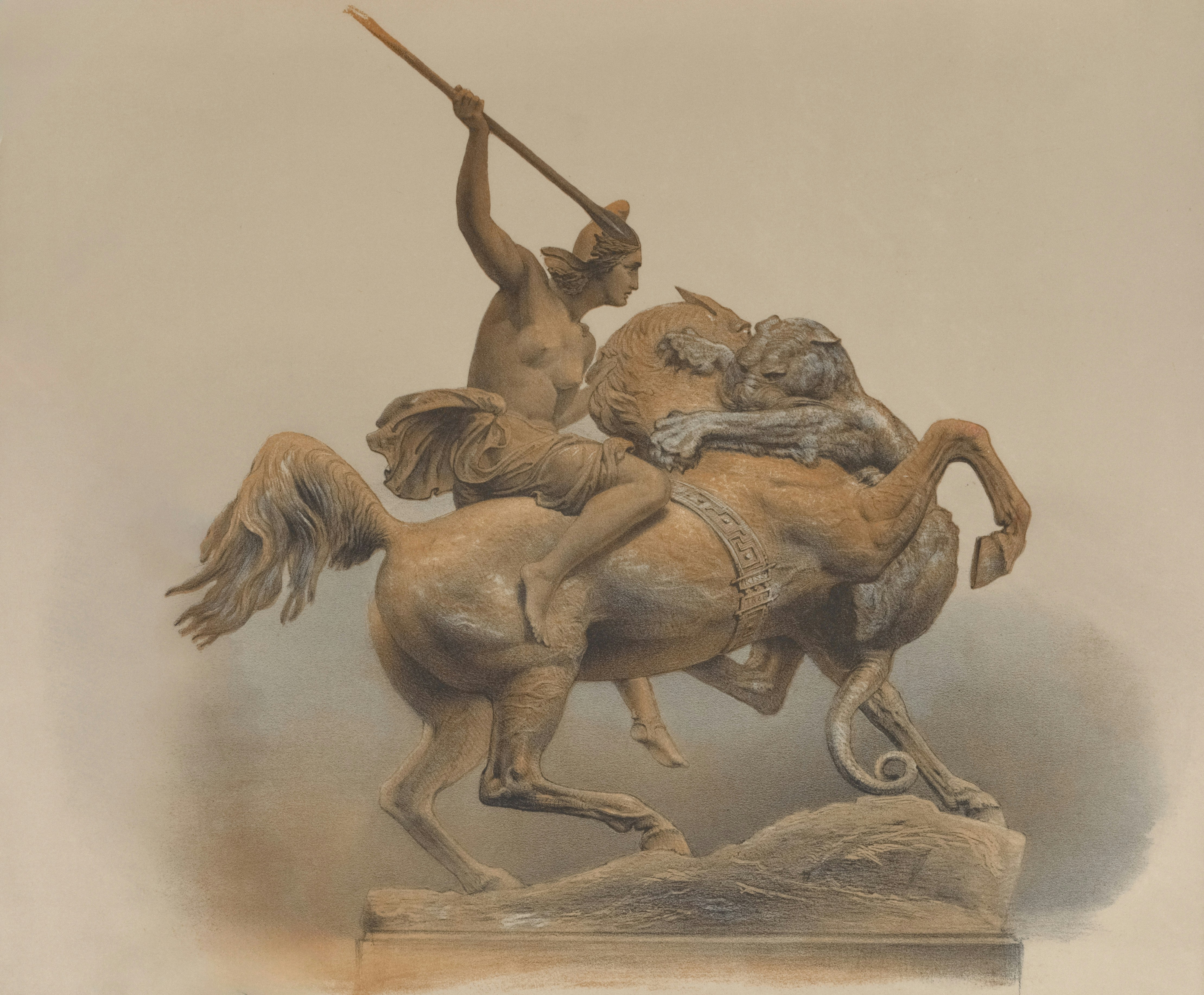 Bronze sculpture of a mounted warrior raising a spear in a dynamic charge, with a rearing horse and detailed musculature.
