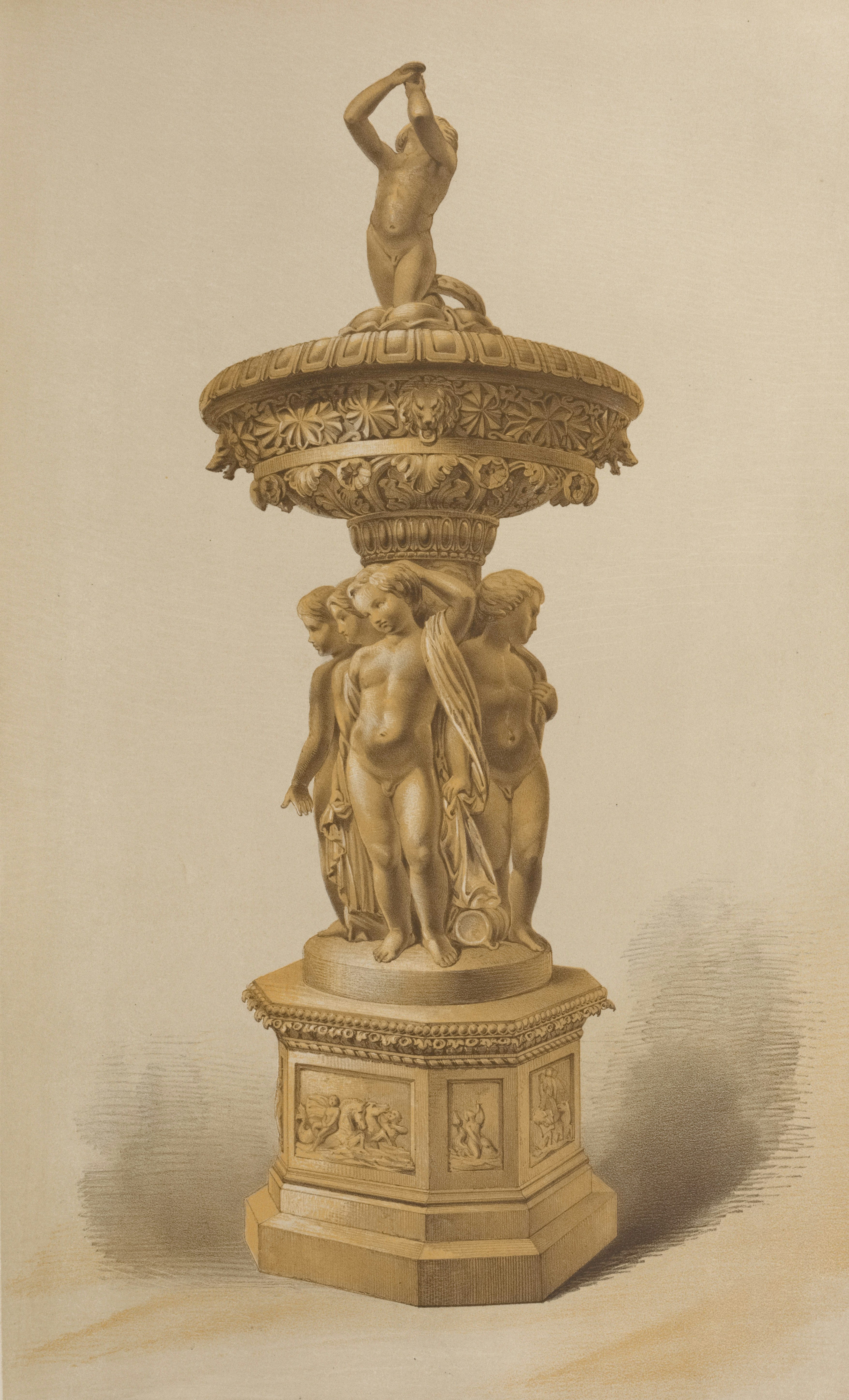 Illustration of a multi-figure classical fountain with cherubs surrounding a central column and a small statue atop an ornately carved pedestal.