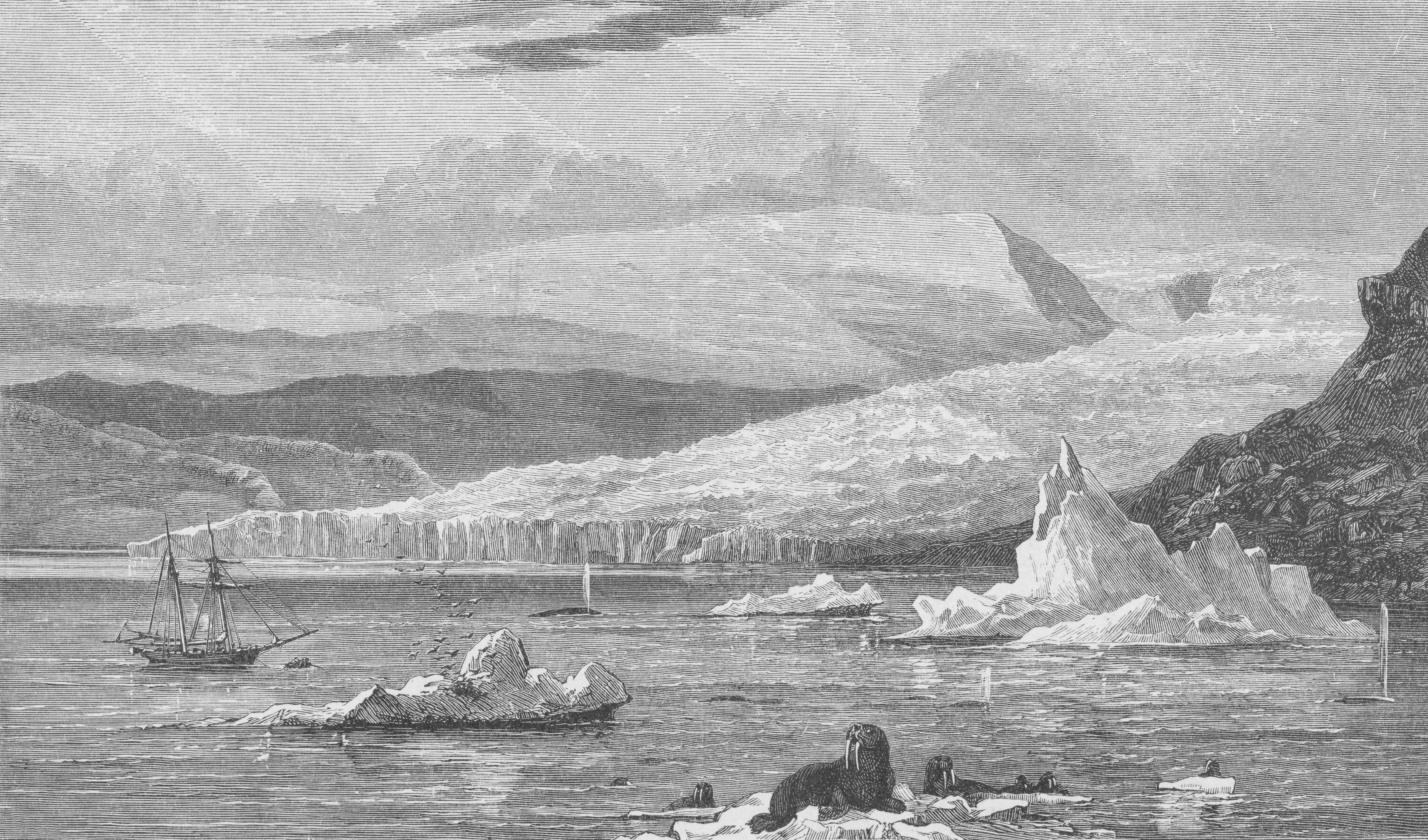Shaded harbor scene with a sailing vessel near iceberg-strewn waters and distant icebound cliffs; a quiet, historical maritime landscape captured in monochrome.
