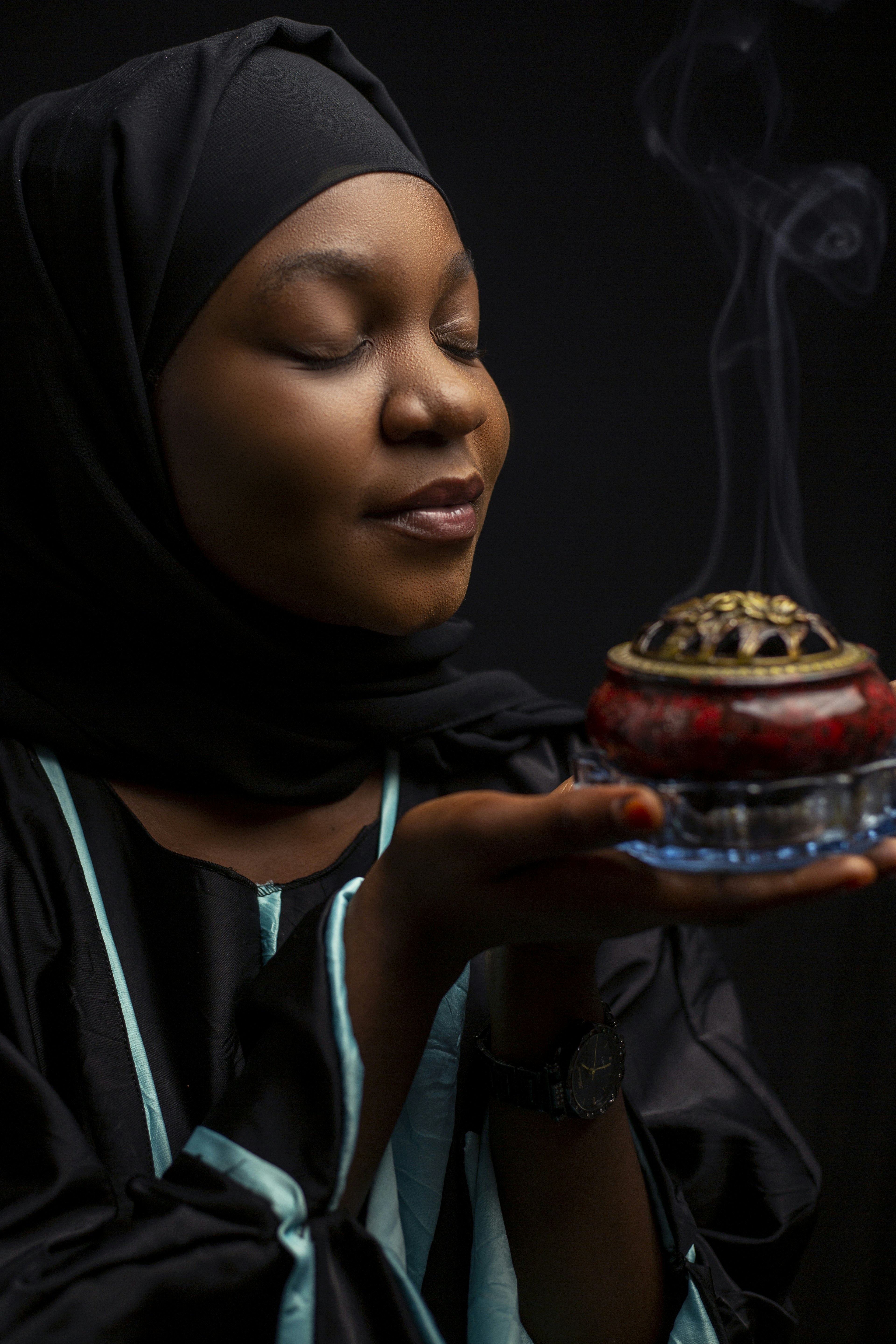Ember Whisper: A Quiet Portrait in Black Velvet and Turquoise