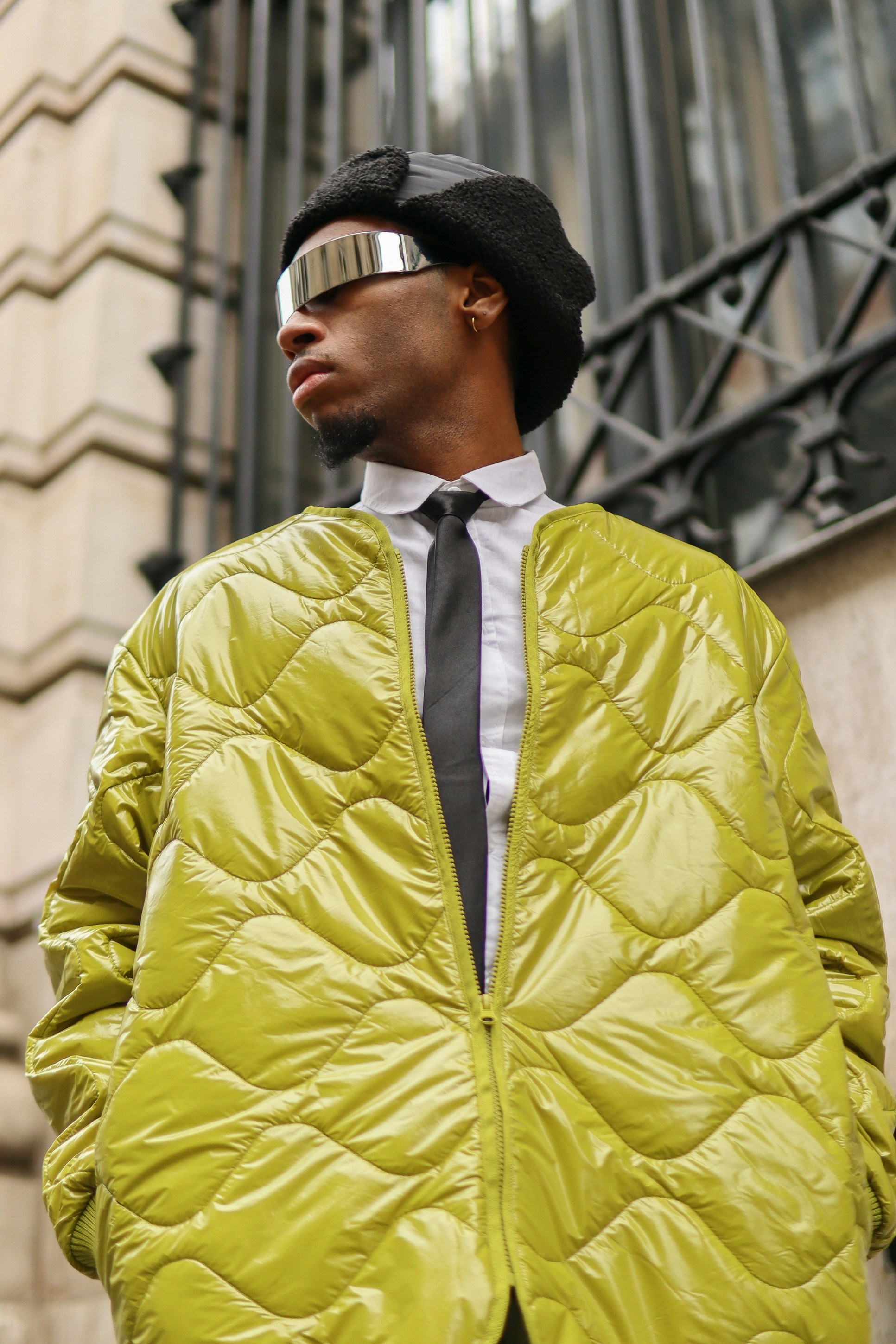 Neon-Top Attire: A Bold Portrait in Urban Geometry