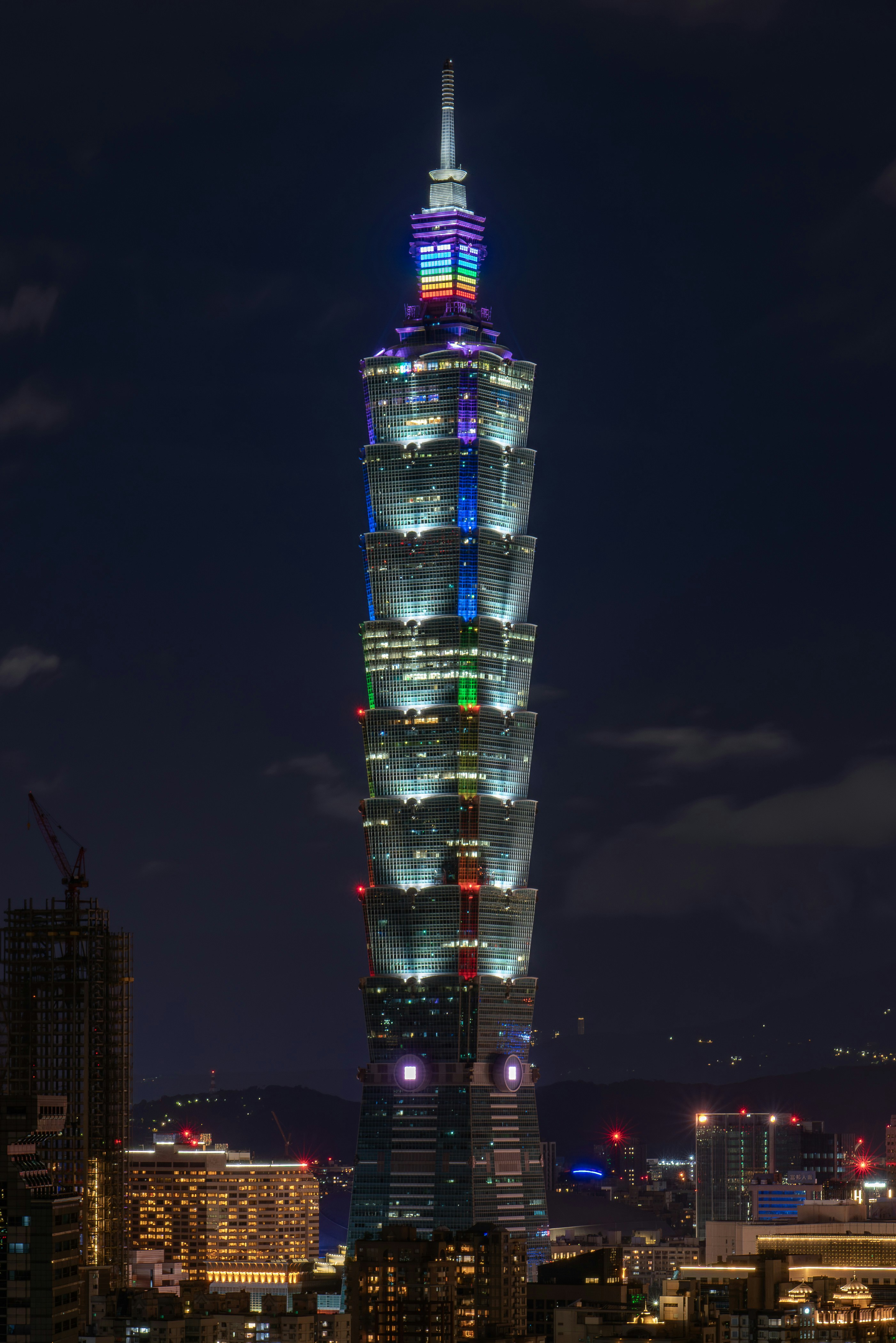 Rainbow-lit Taipei 101: Nightfall Tower Over Taipei Skyline