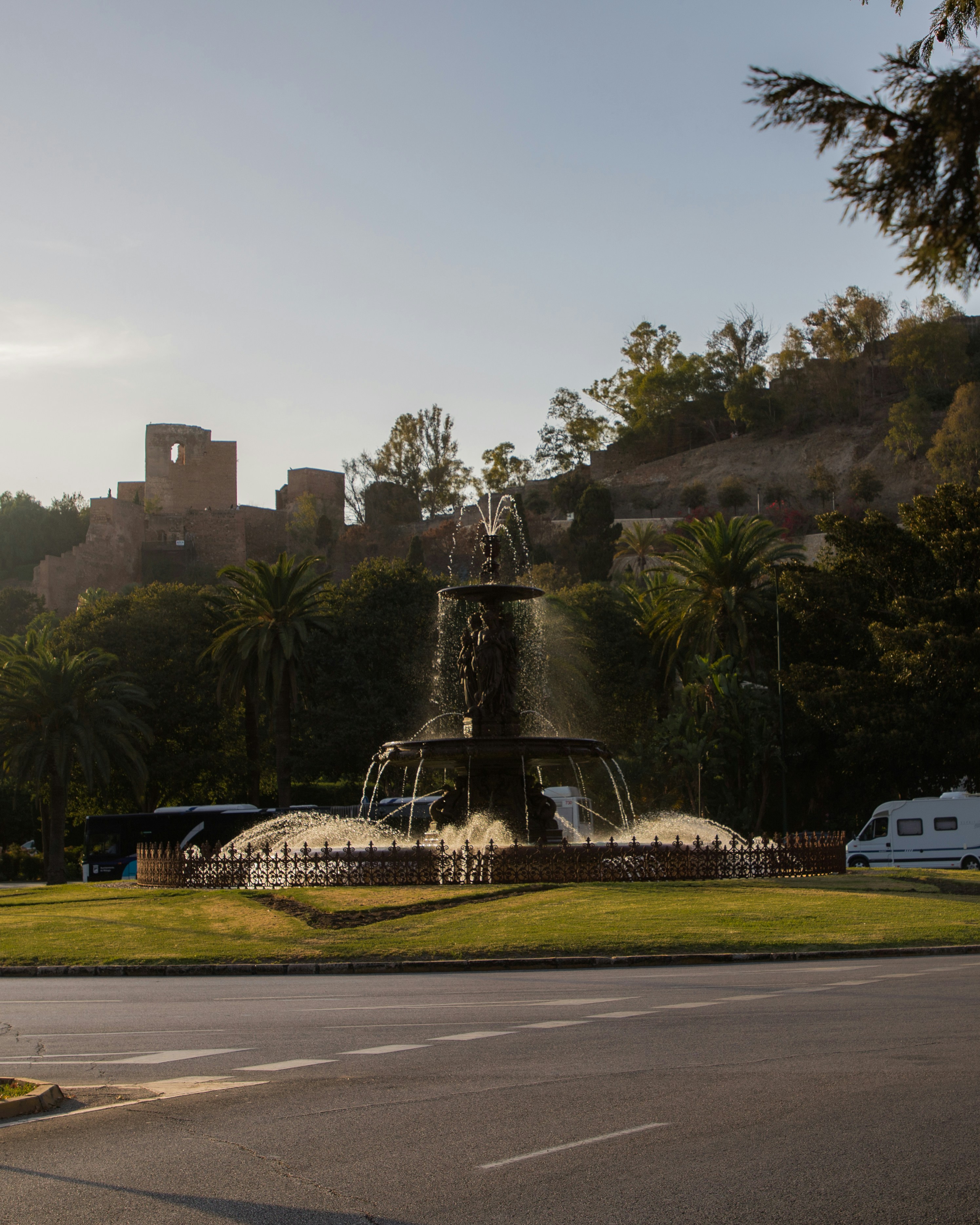Evening Fountain Amid Palm-Shaded Park