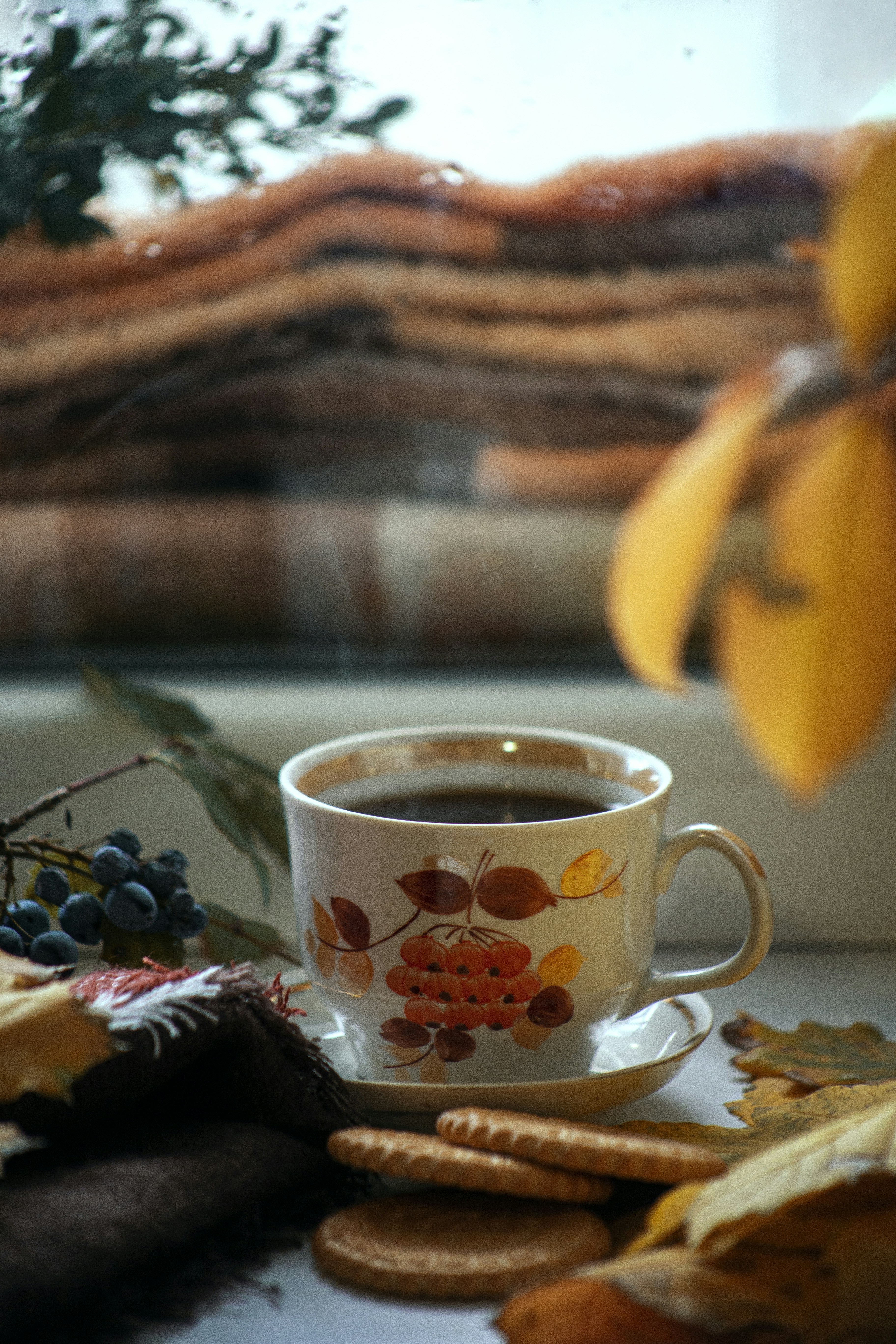 Autumn Steam: a Coffee Cup Frame on a Sunlit Windowsill