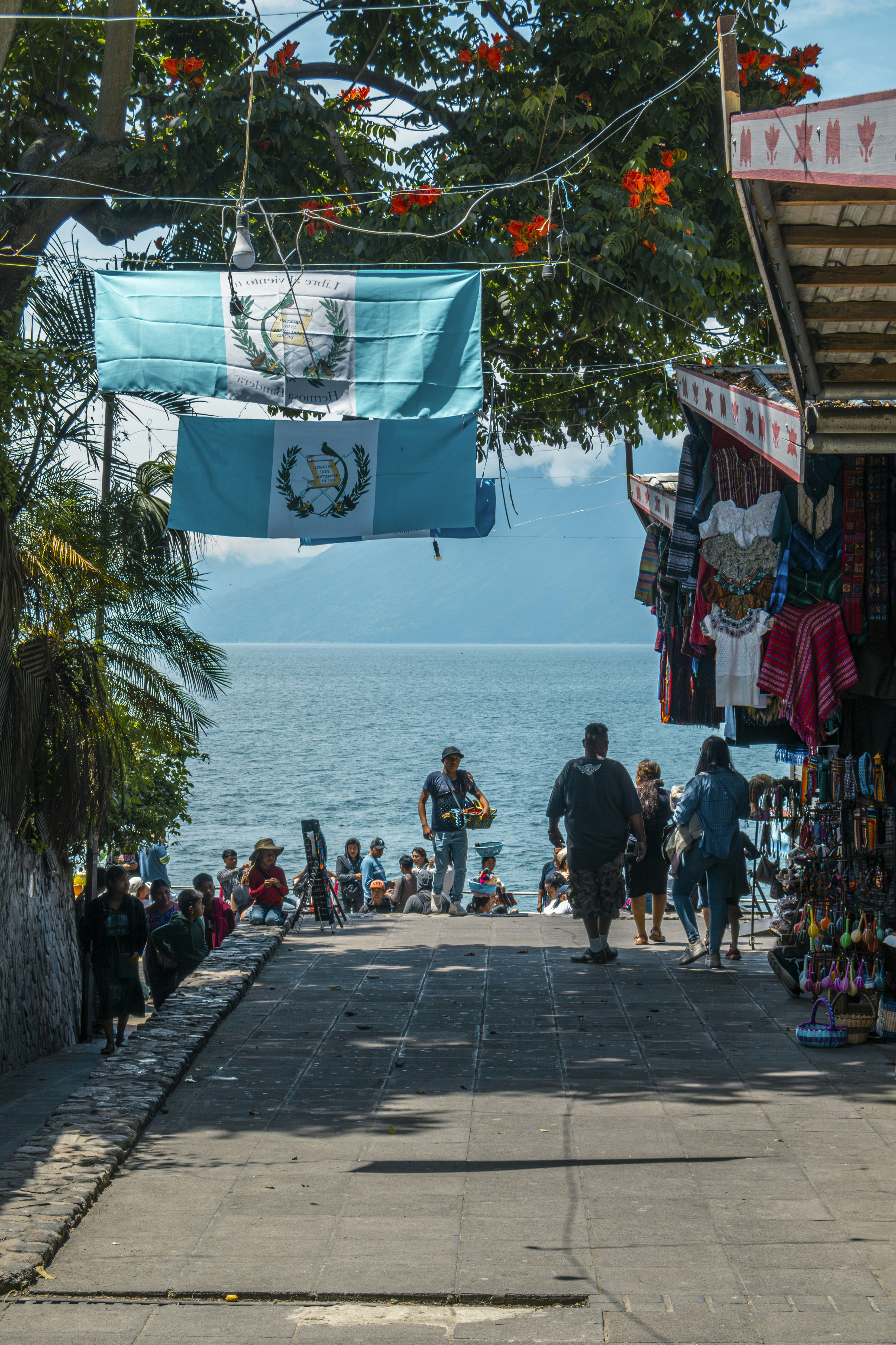 Flag-Marked Coastal Market: A Sunlit Path Toward the Blue Horizon