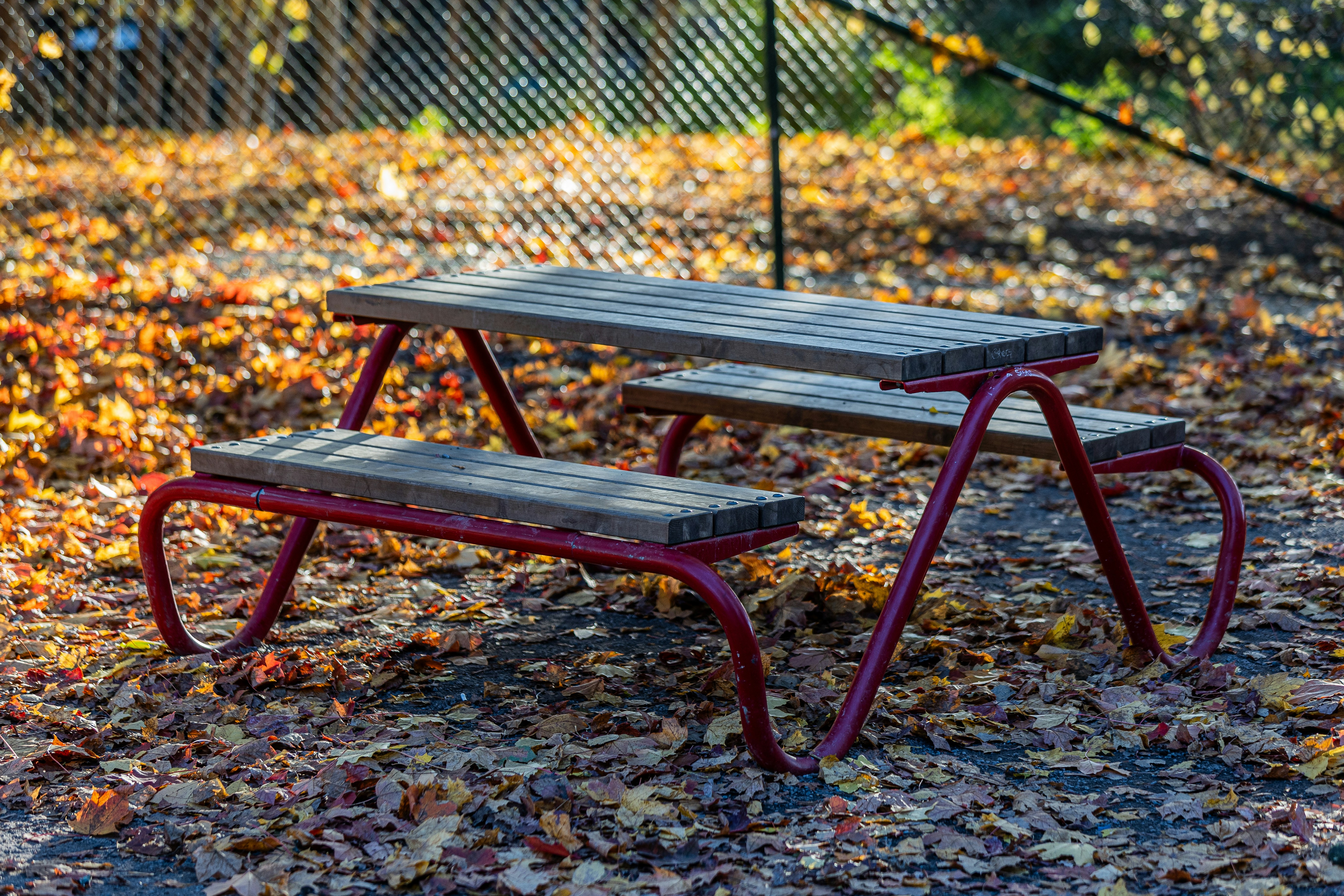 A rustic picnic table surrounded by a carpet of colorful autumn leaves, inviting moments of relaxation and reflection.