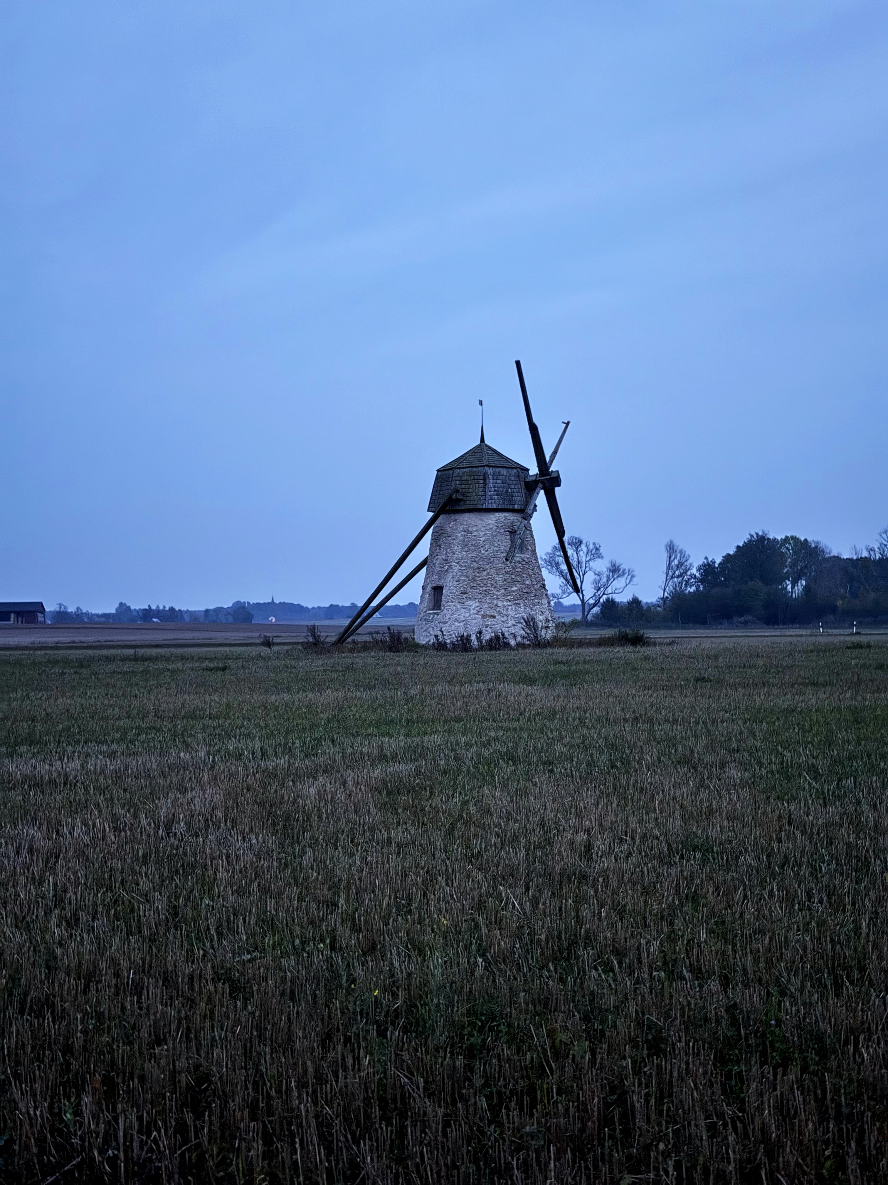 Blue-hour photograph of a solitary windmill standing in a flat field with a distant tree line on the horizon.