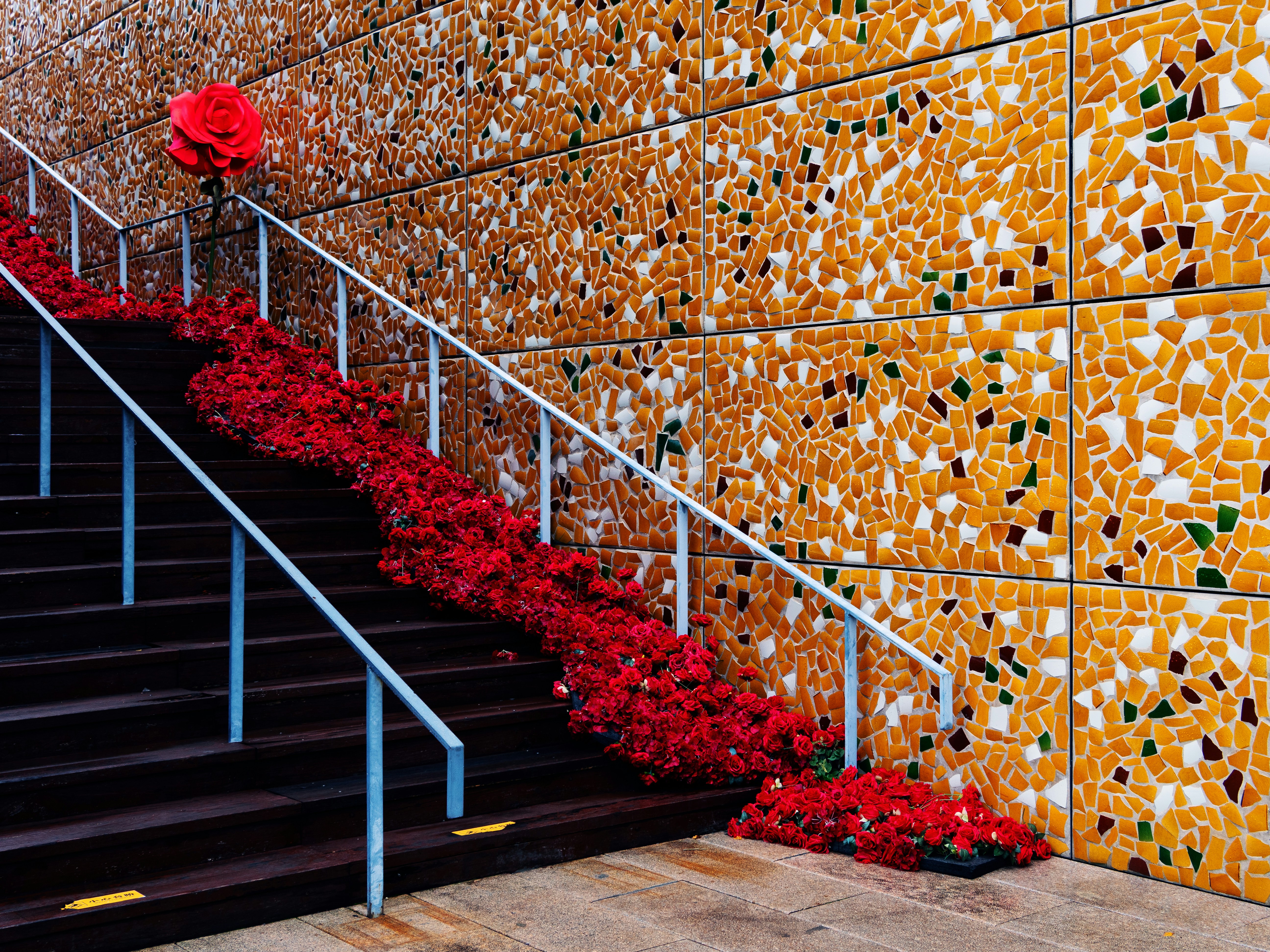 A vivid red rose sits at the top of a staircase railing beside a vibrant yellow mosaic wall, with trailing red flowers along the steps.