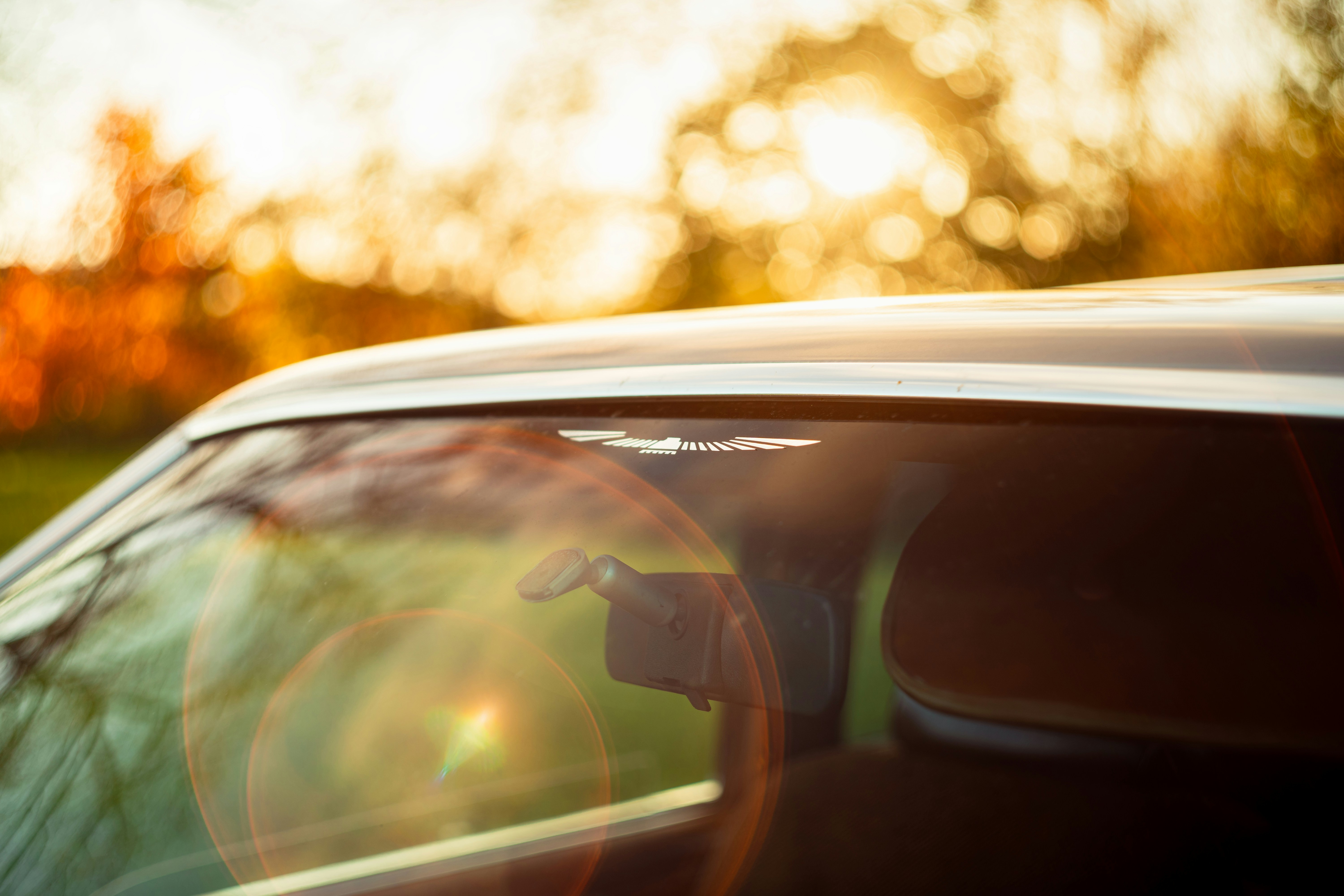 A close up of a car's windshield with the sun shining through the trees ...