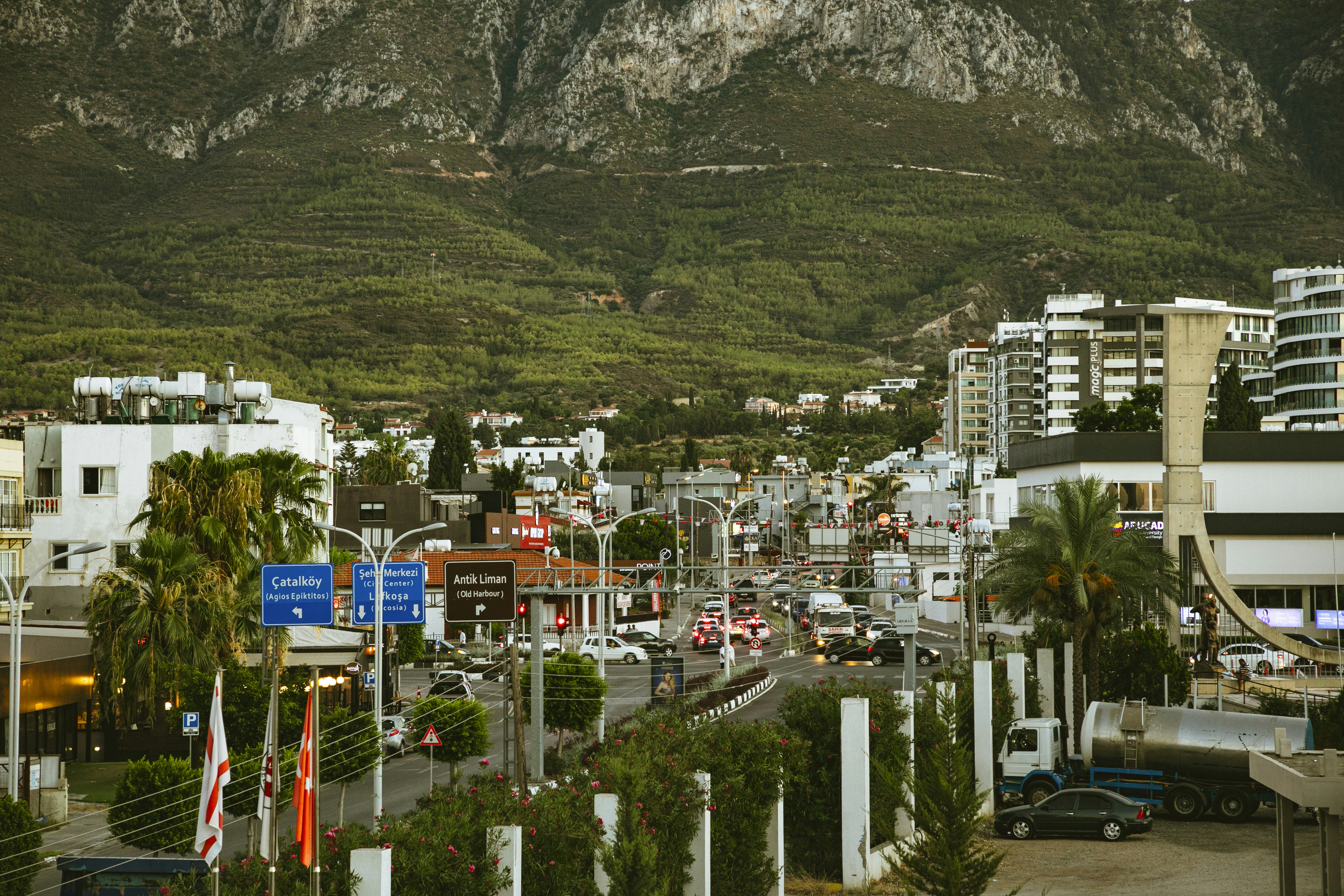 A view of a city with mountains in the background