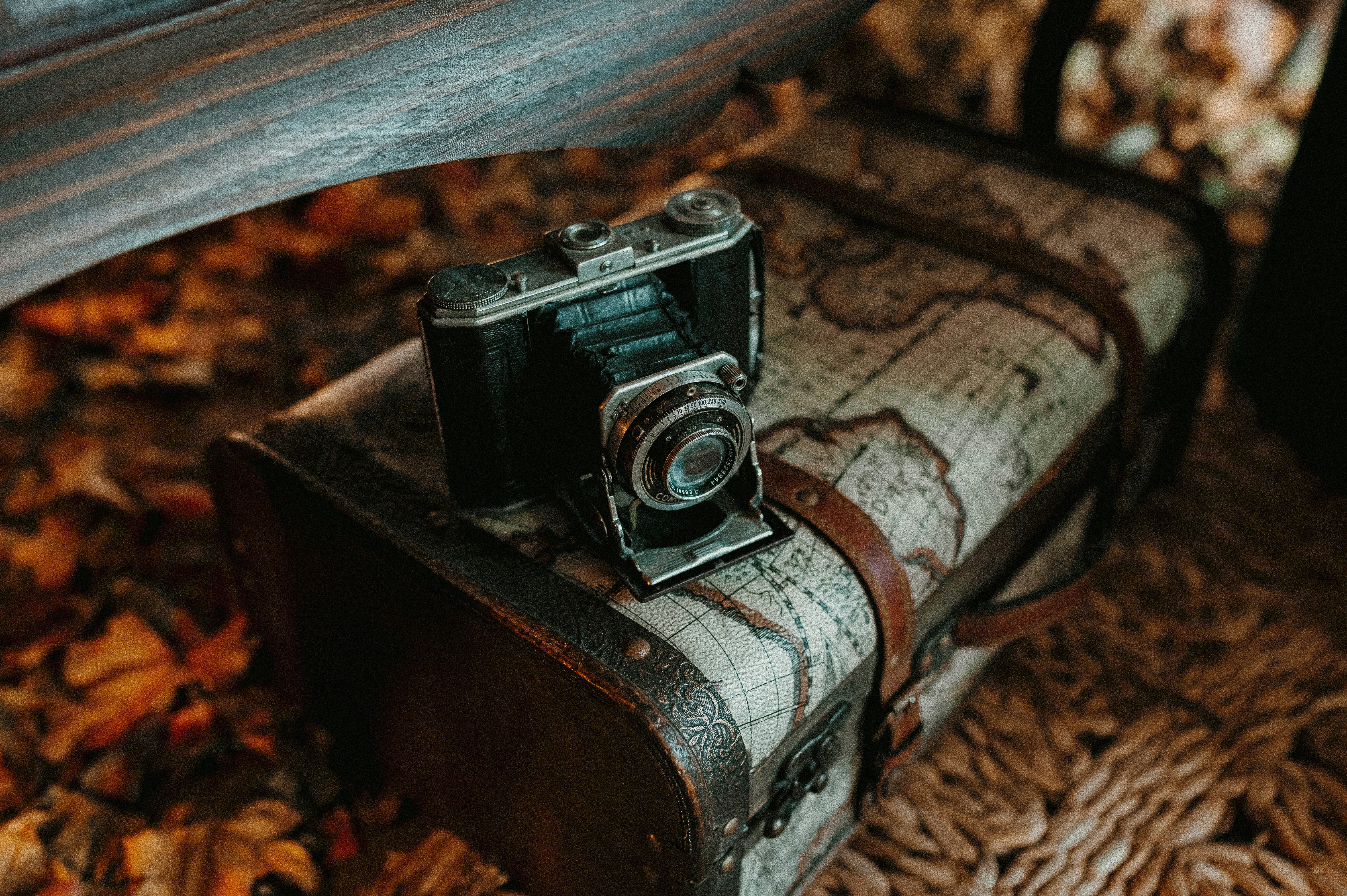A Vintage Still Life: A Pocket-Sized Lens Resting on an Antique Travel Case