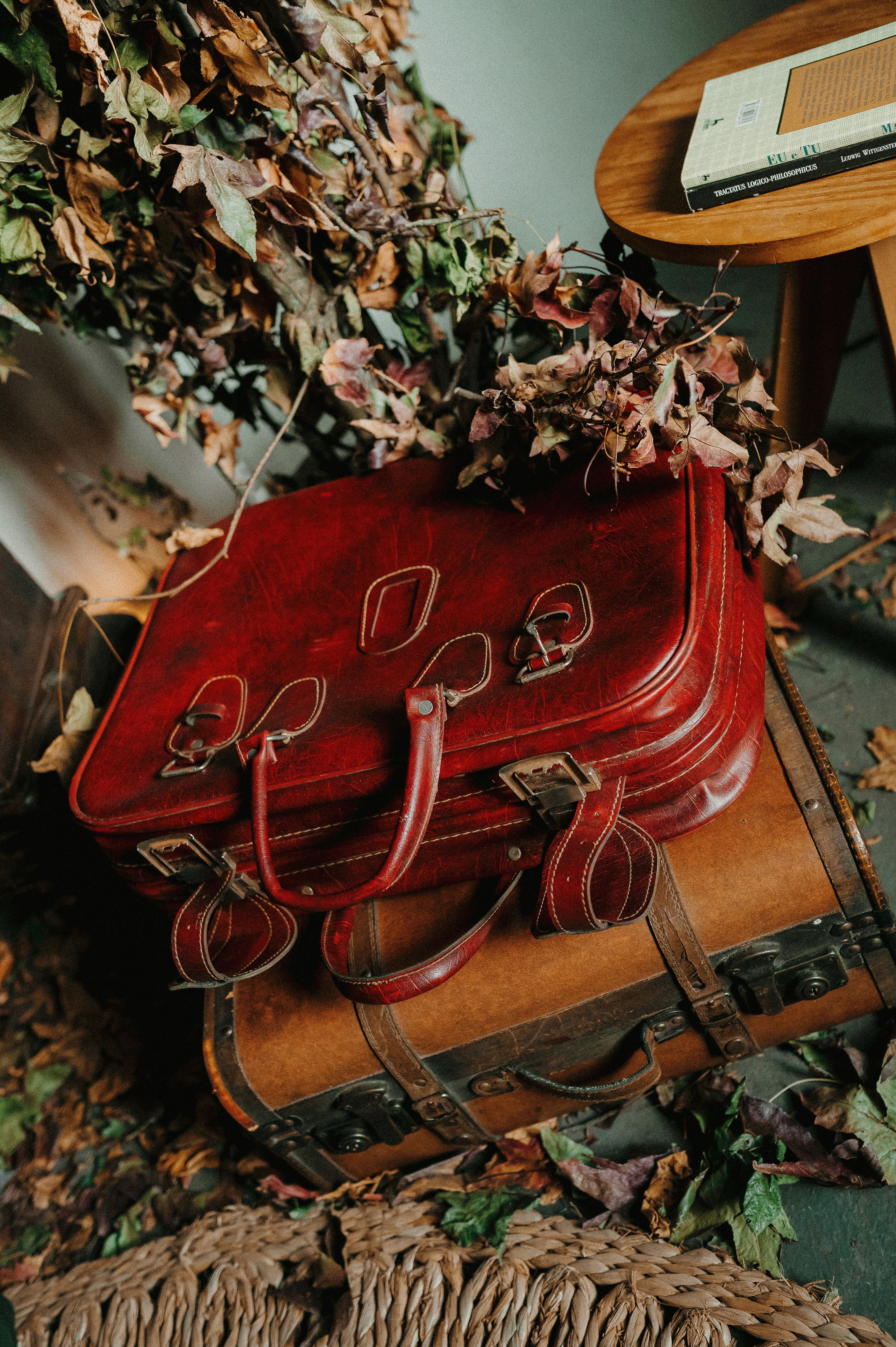 A red suitcase sitting on top of a pile of leaves