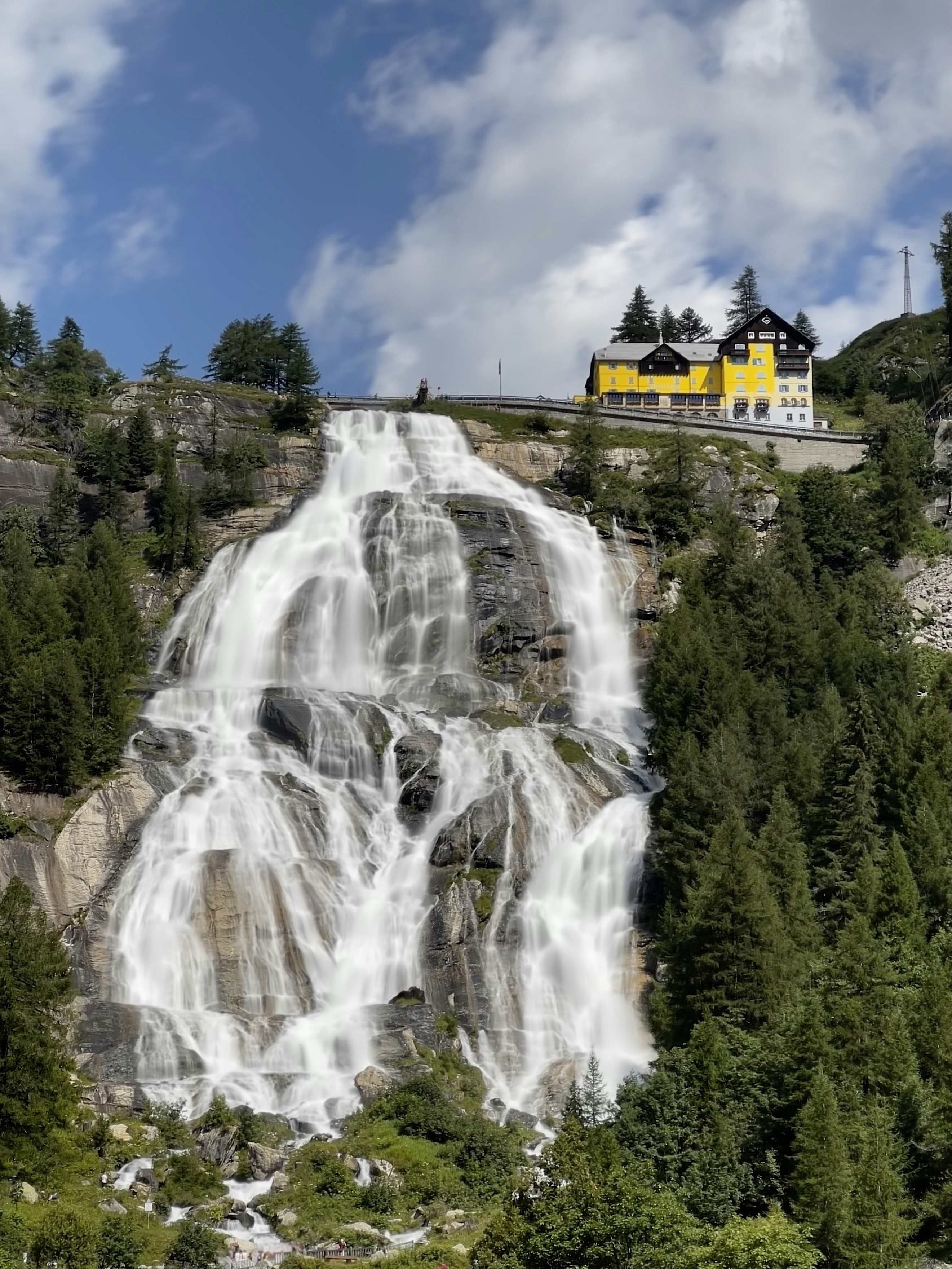 Sunlit Yellow Lodge Stands Watch Over a Tumbling Alpine Cascade