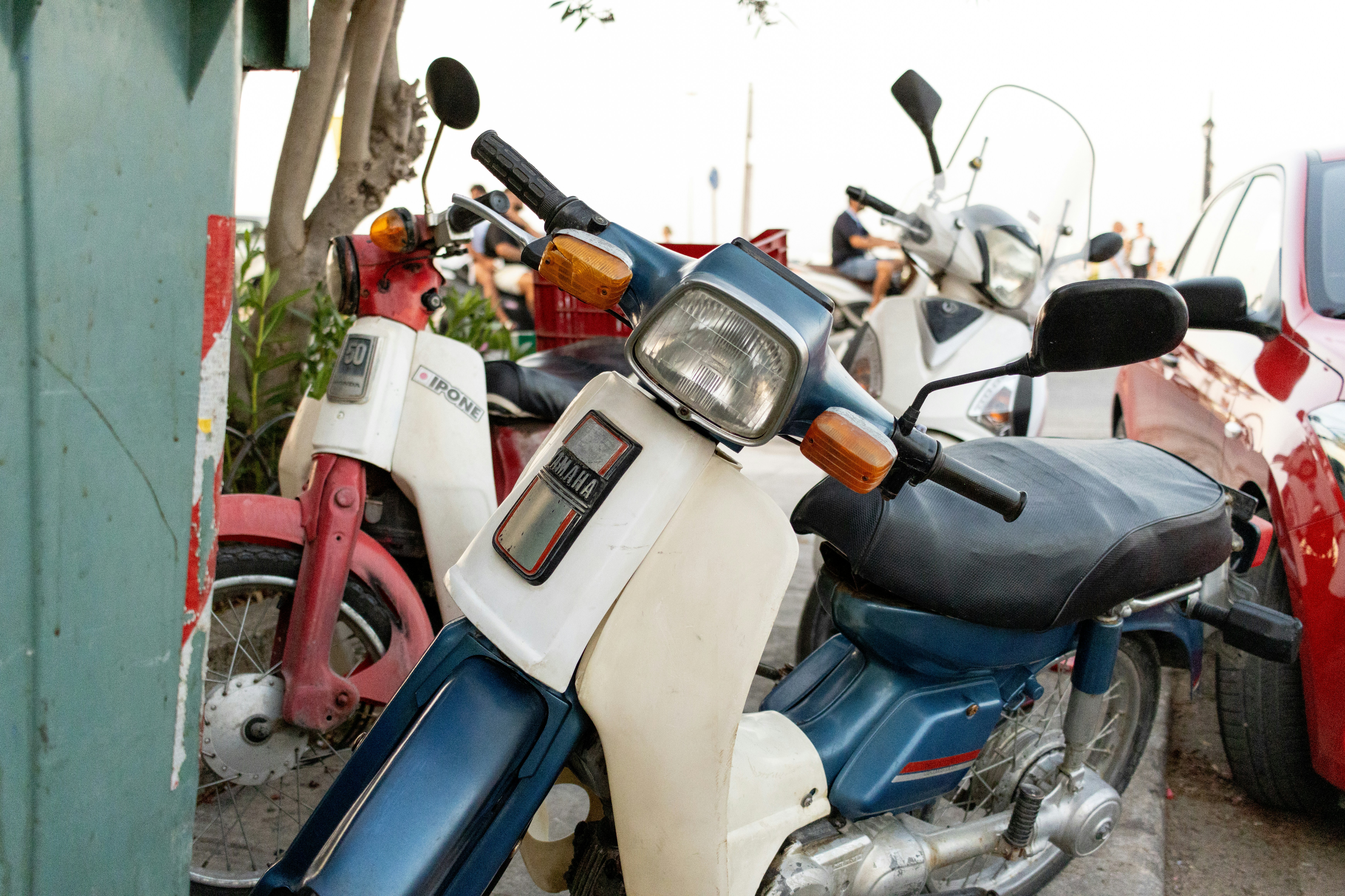 Blue-and-Cream Vintage Scooter Dominates a Tight Row of Red and White Scooters