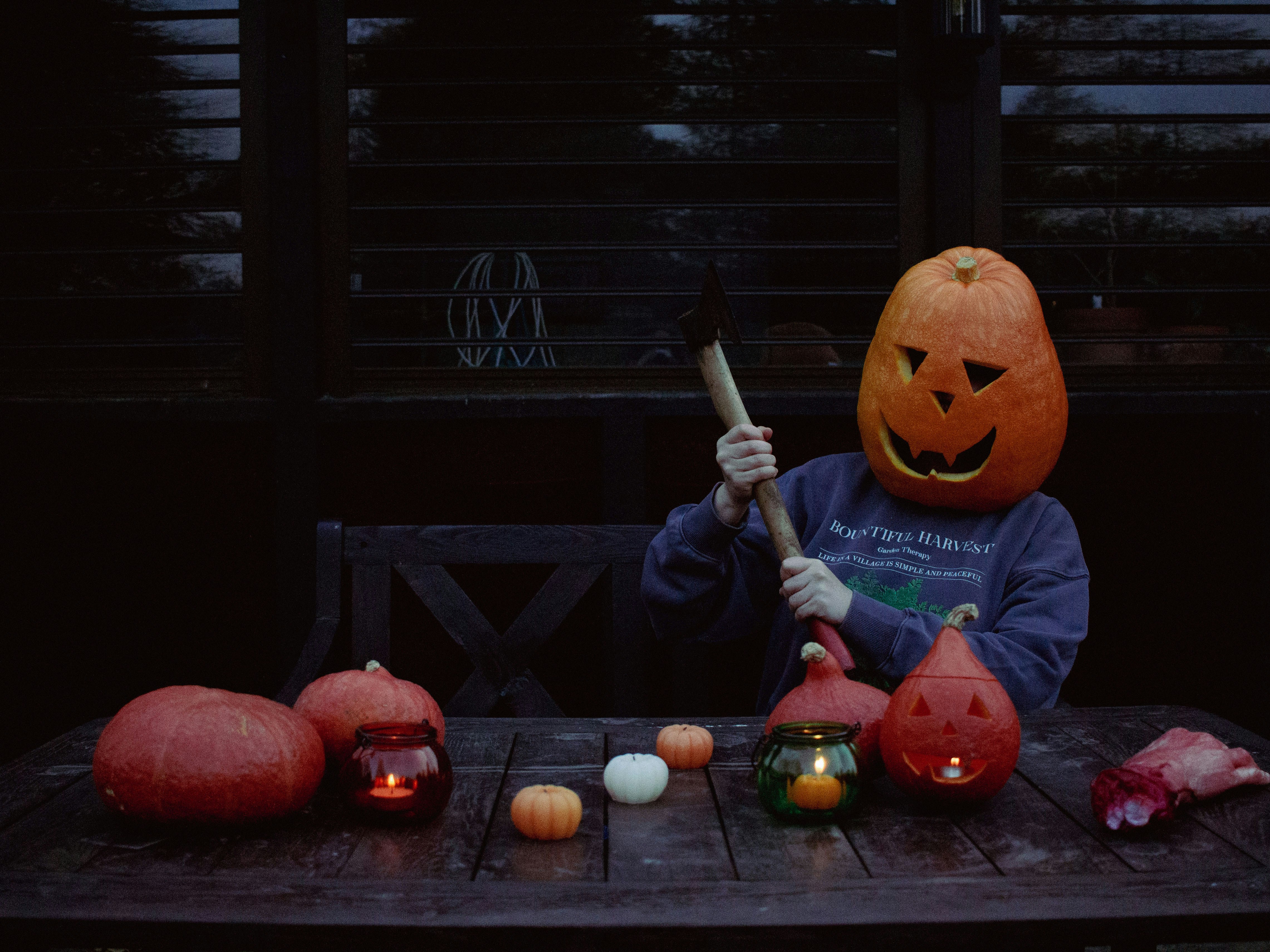 Pumpkin Mask, Peering into the Evening: A Halloween Still