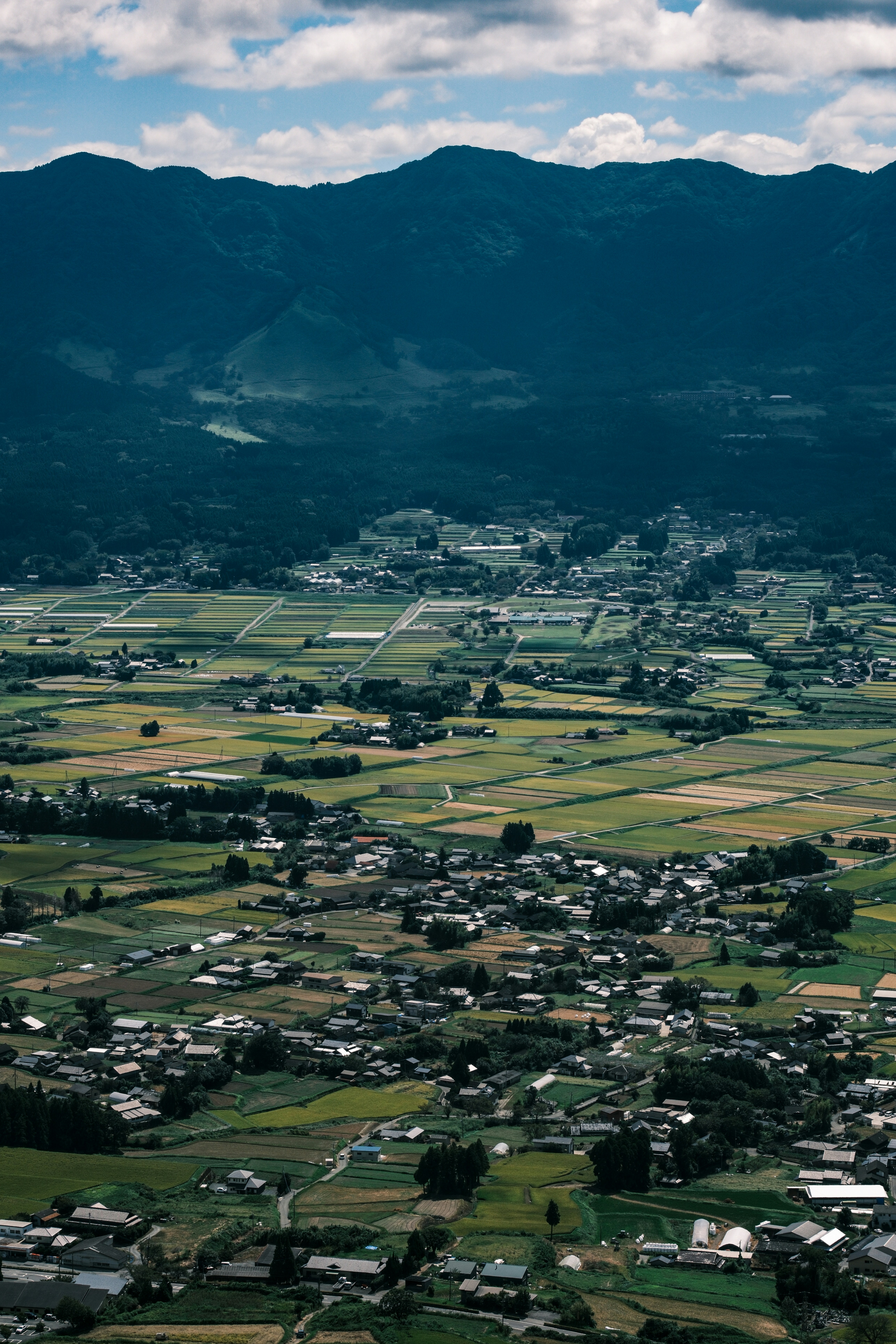 Lush green and golden fields interspersed with quaint homes, nestled beneath a dramatic mountain range. The scene captures the essence of rural tranquility.