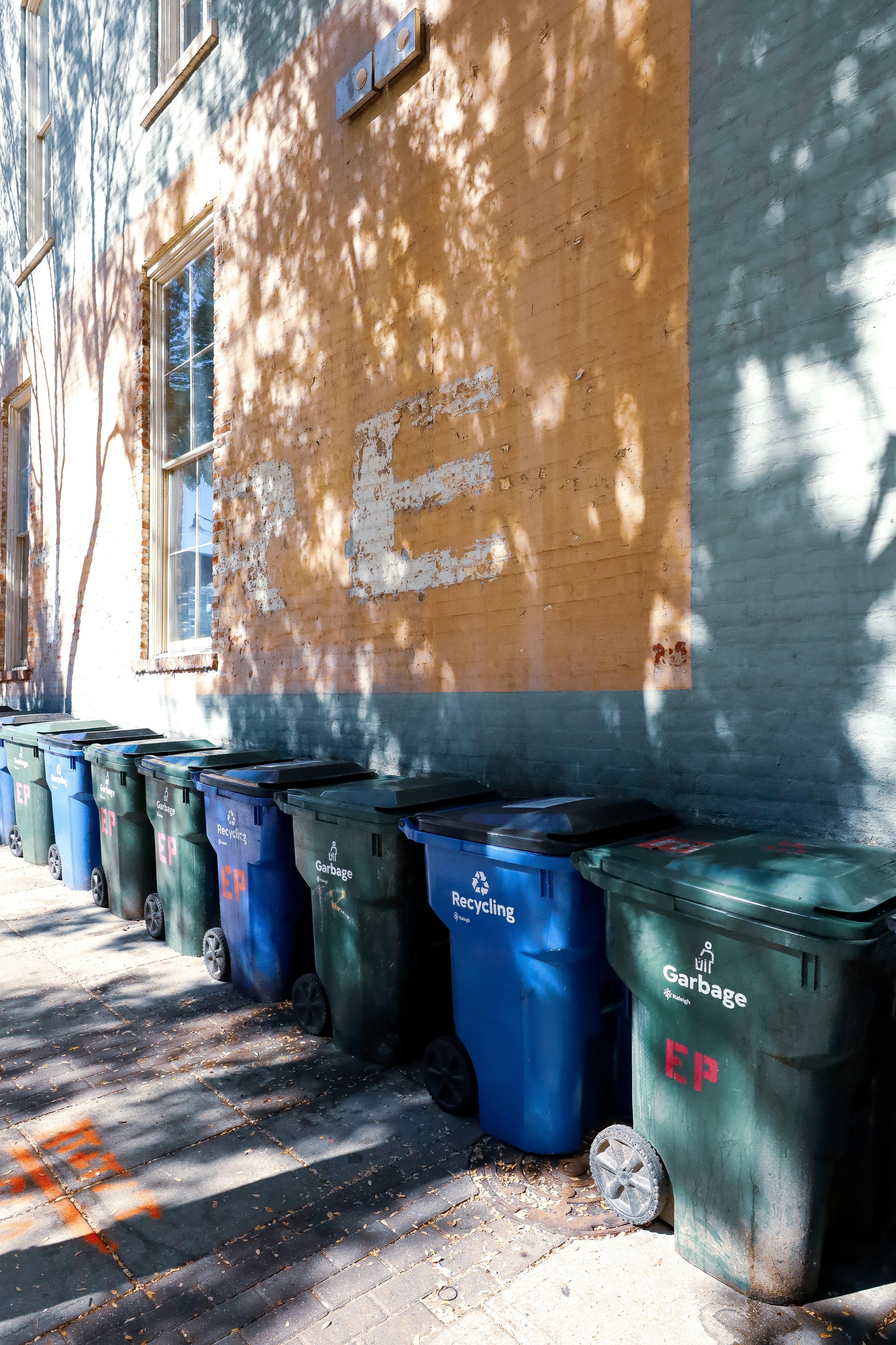 A row of colorful trash bins lined against a textured wall, with shadows cast by nearby trees. The scene captures the interplay of urban life and environmental responsibility.