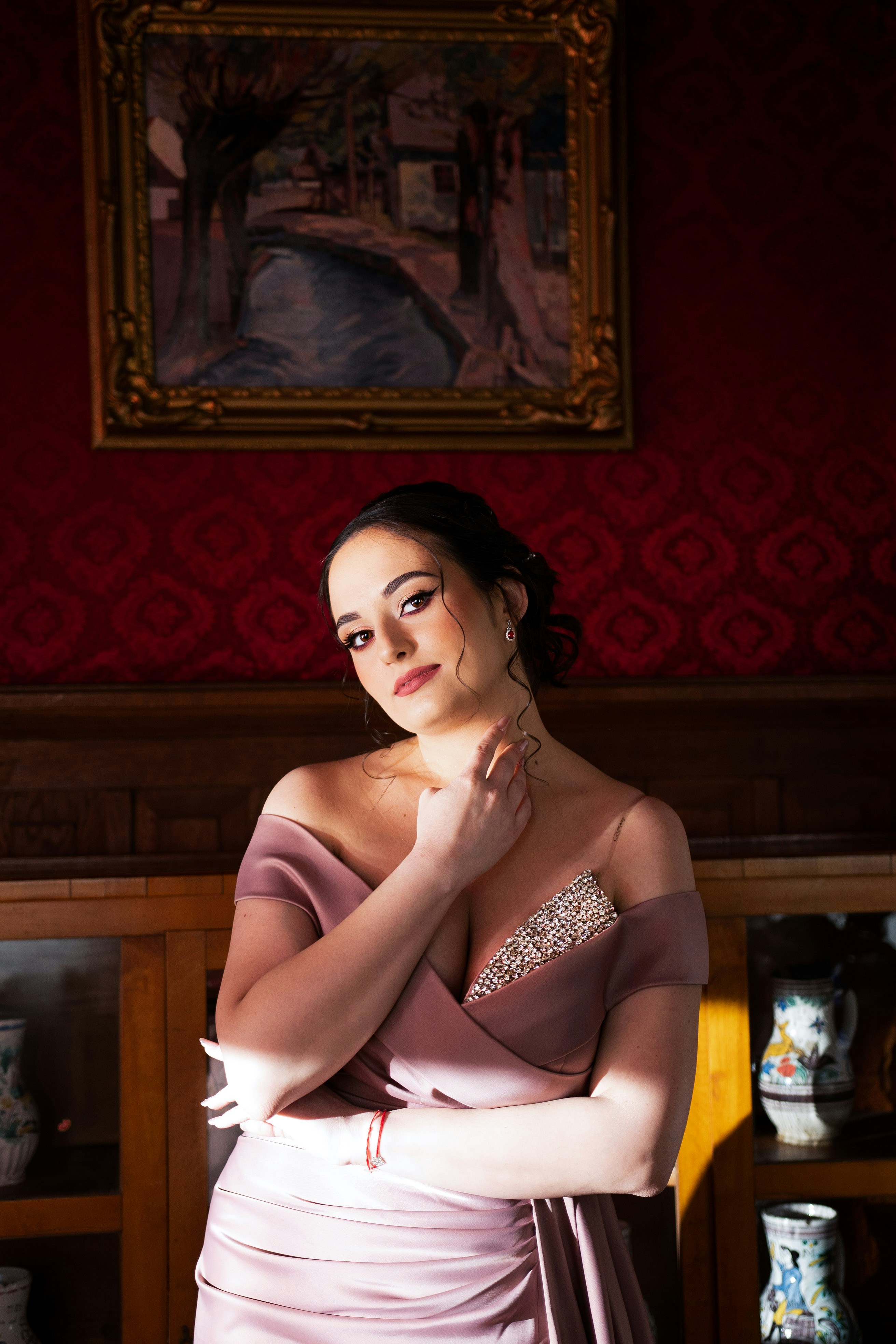 Velvet Evening: Portrait in a Deep Red Study
