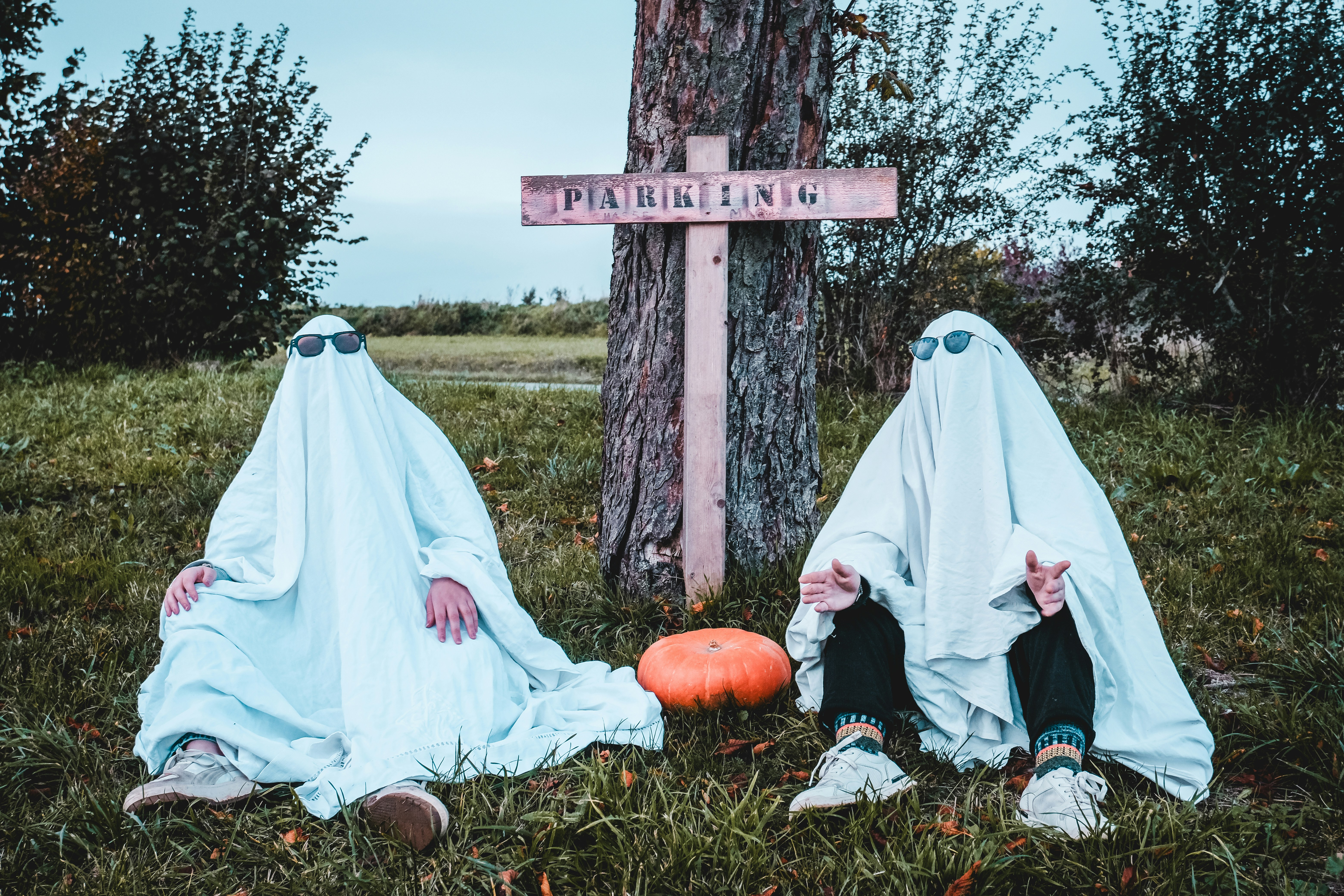 A couple of people sitting on top of a lush green field