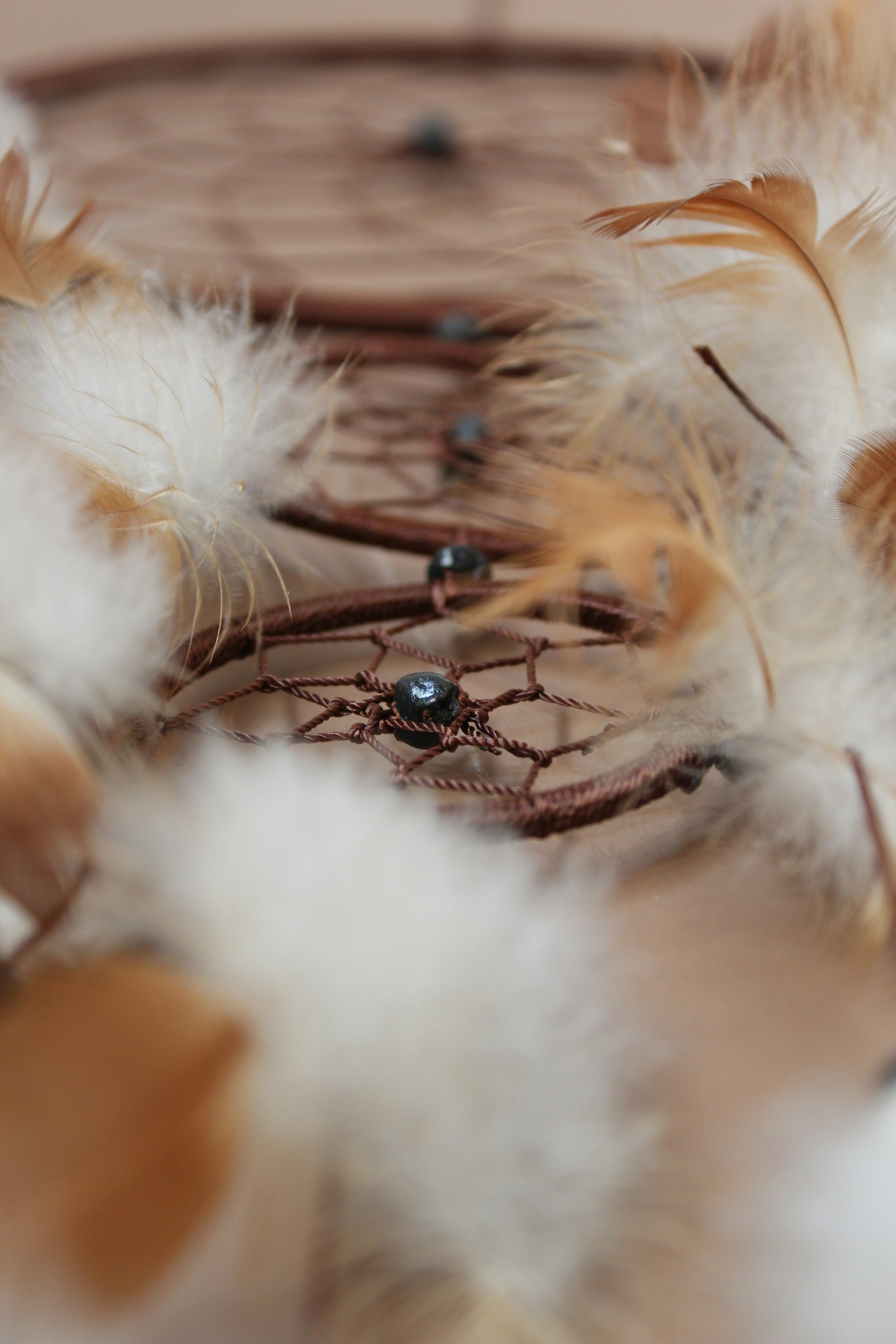 Center Bead of Dreamcatcher: Micro-Weave of Webbing and Soft Feathers