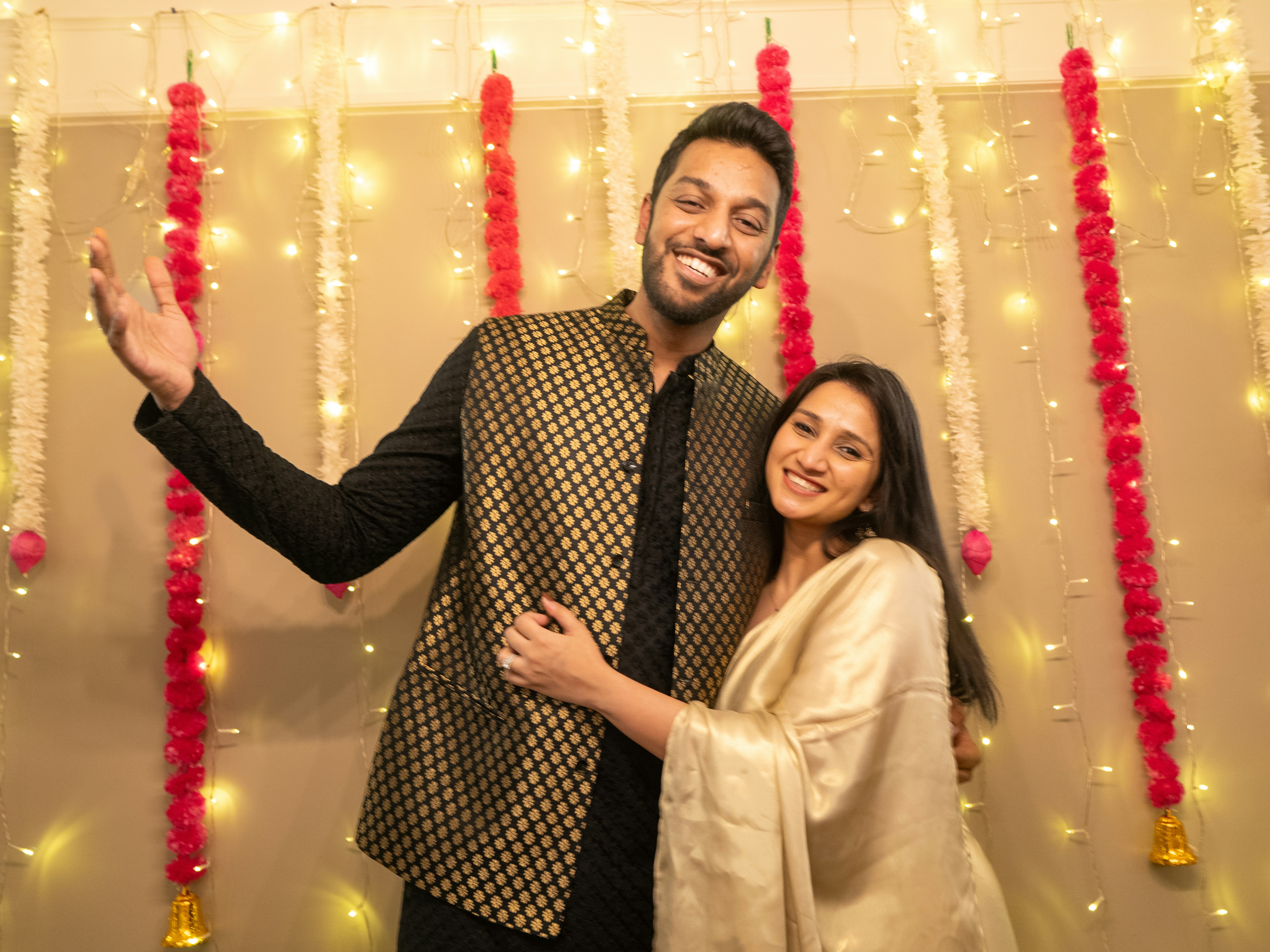 Joyful Celebration Against a Festive Backdrop