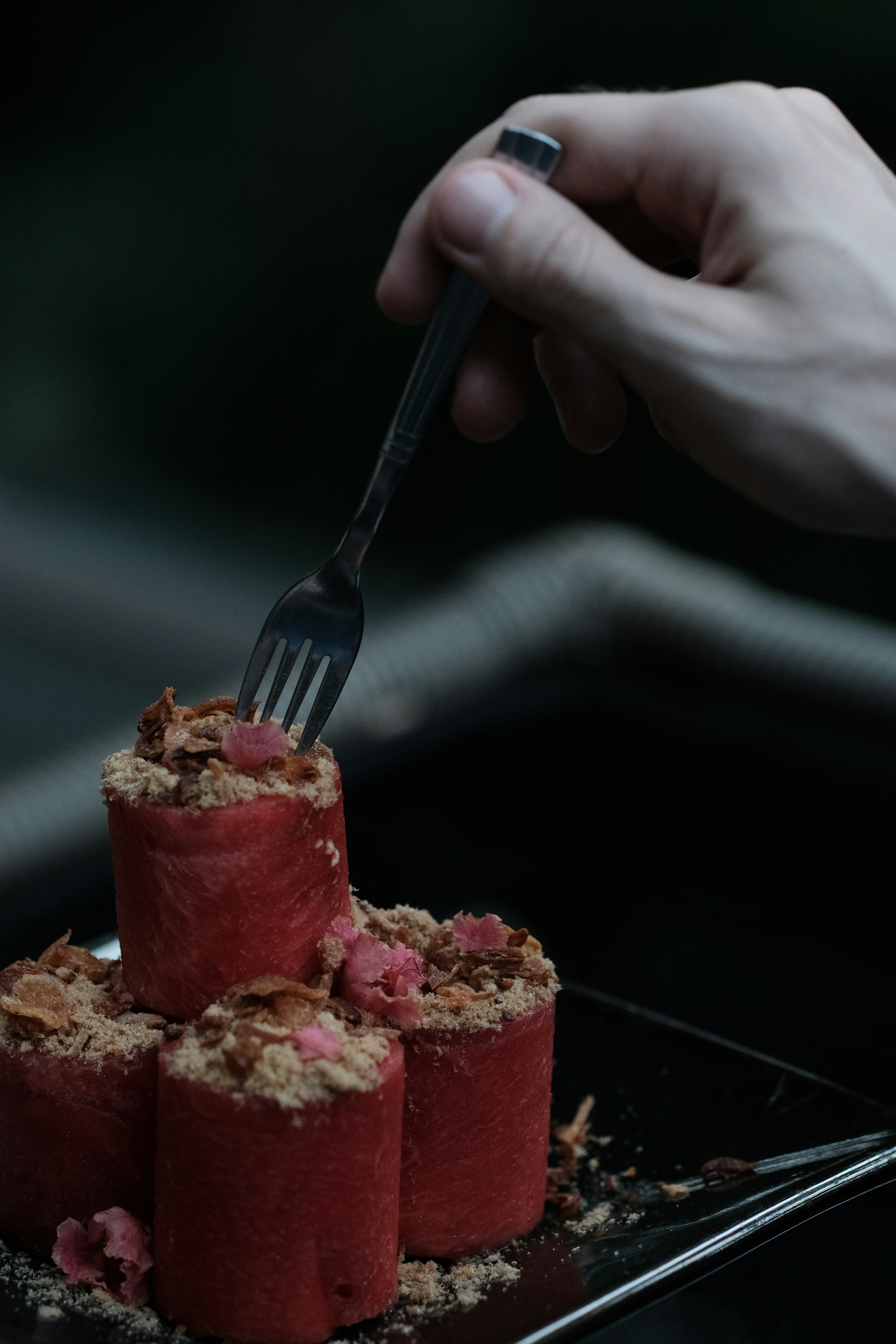 Crimson Cylinders on a Matte Plate: A Forkful of Crunch