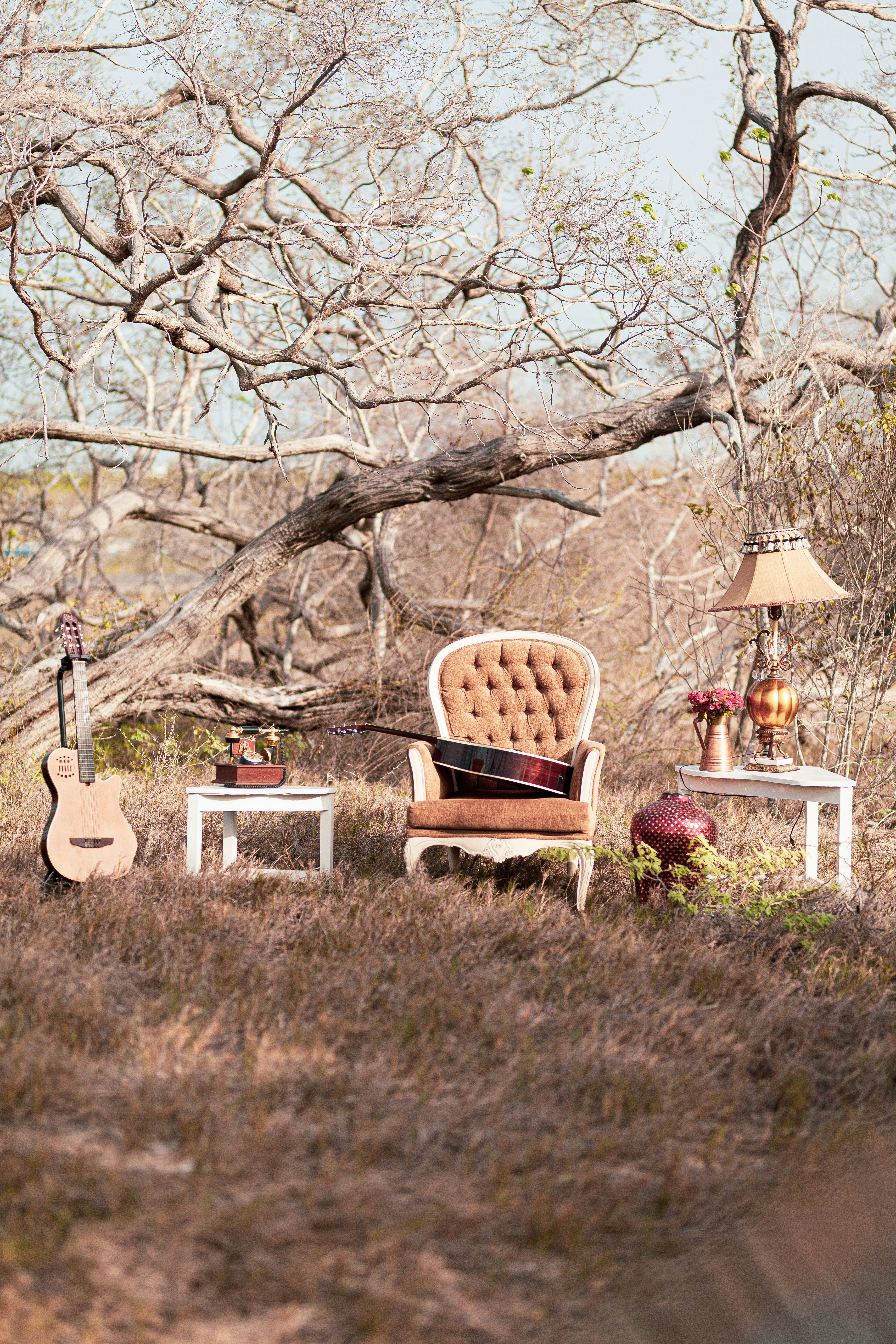 The Woodland Lounge: Vintage Armchair Under Bare Oaks