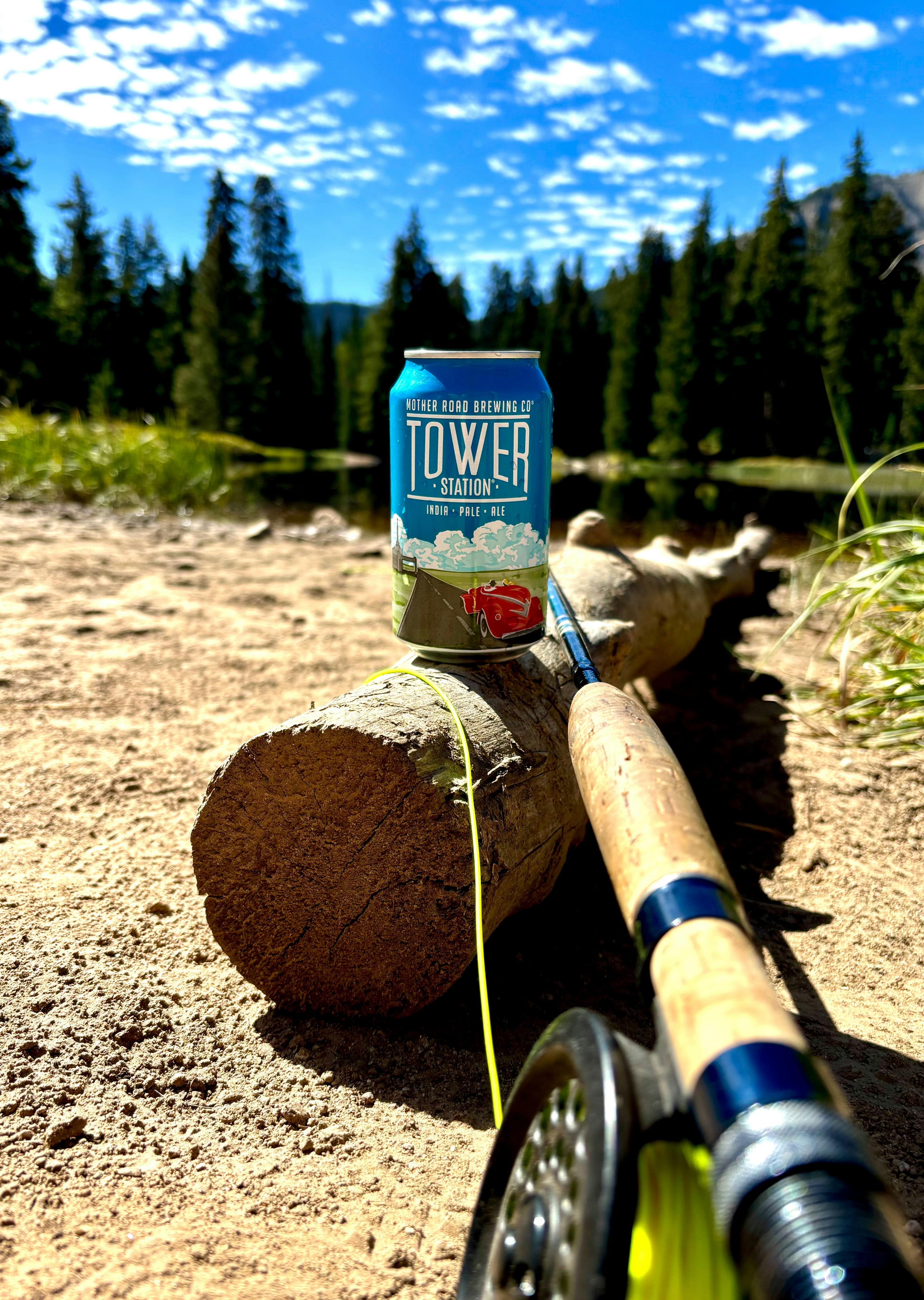 Tower on a Log: A Sunlit Campside Moment with a Fishing Rod