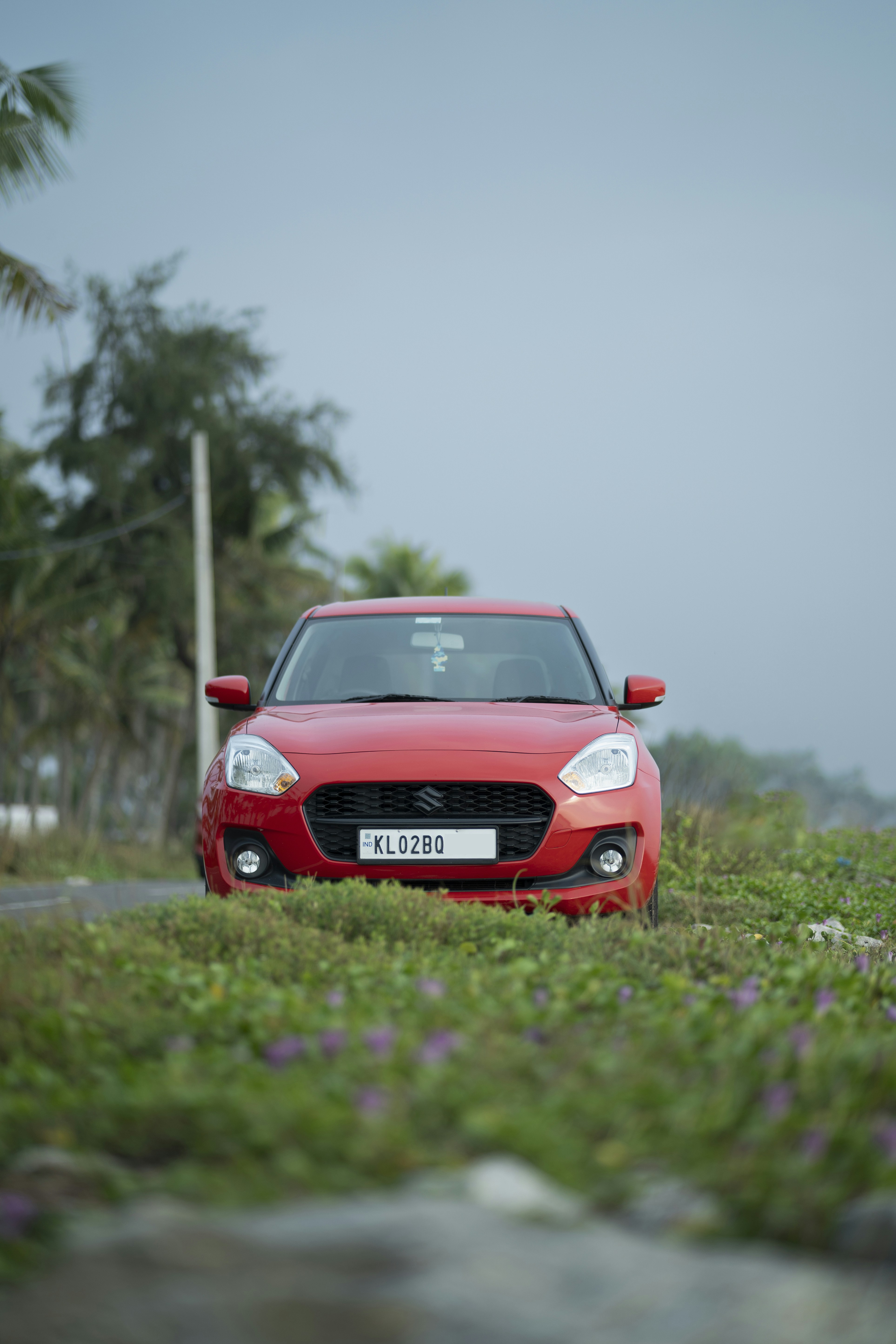 Red Compact Stance: A Front-Focused Car in a Wildflower Field
