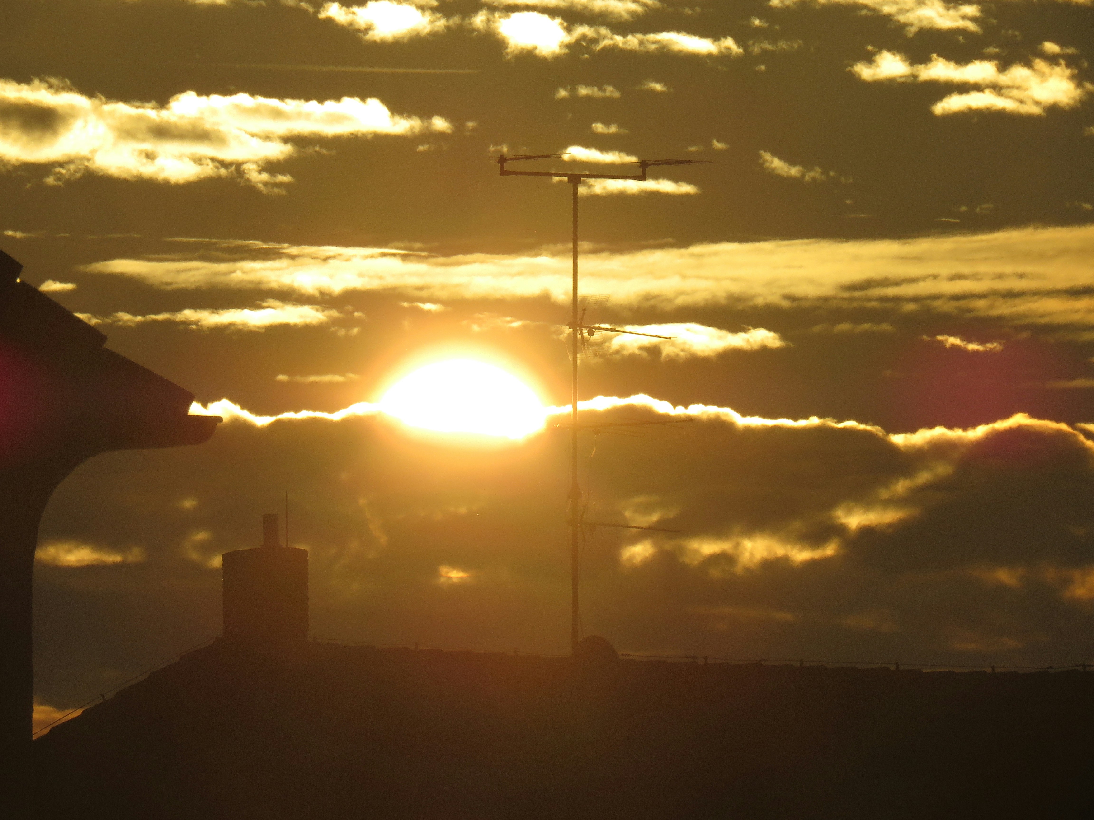 Afterglow over the Rooftop: Antenna Pierces the Golden Horizon