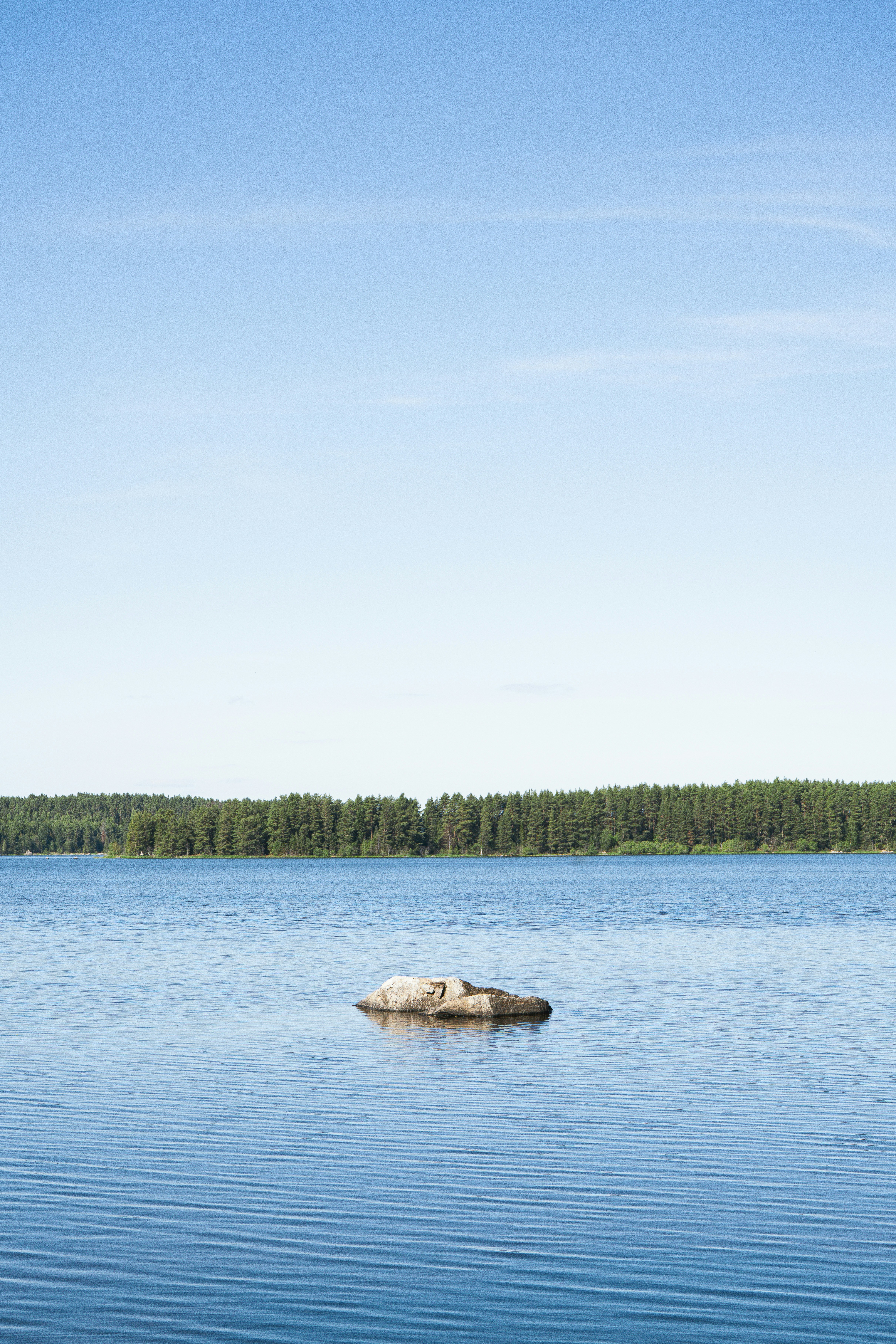 Lone Rock in a Glassy Lake, Framed by a Forested Horizon