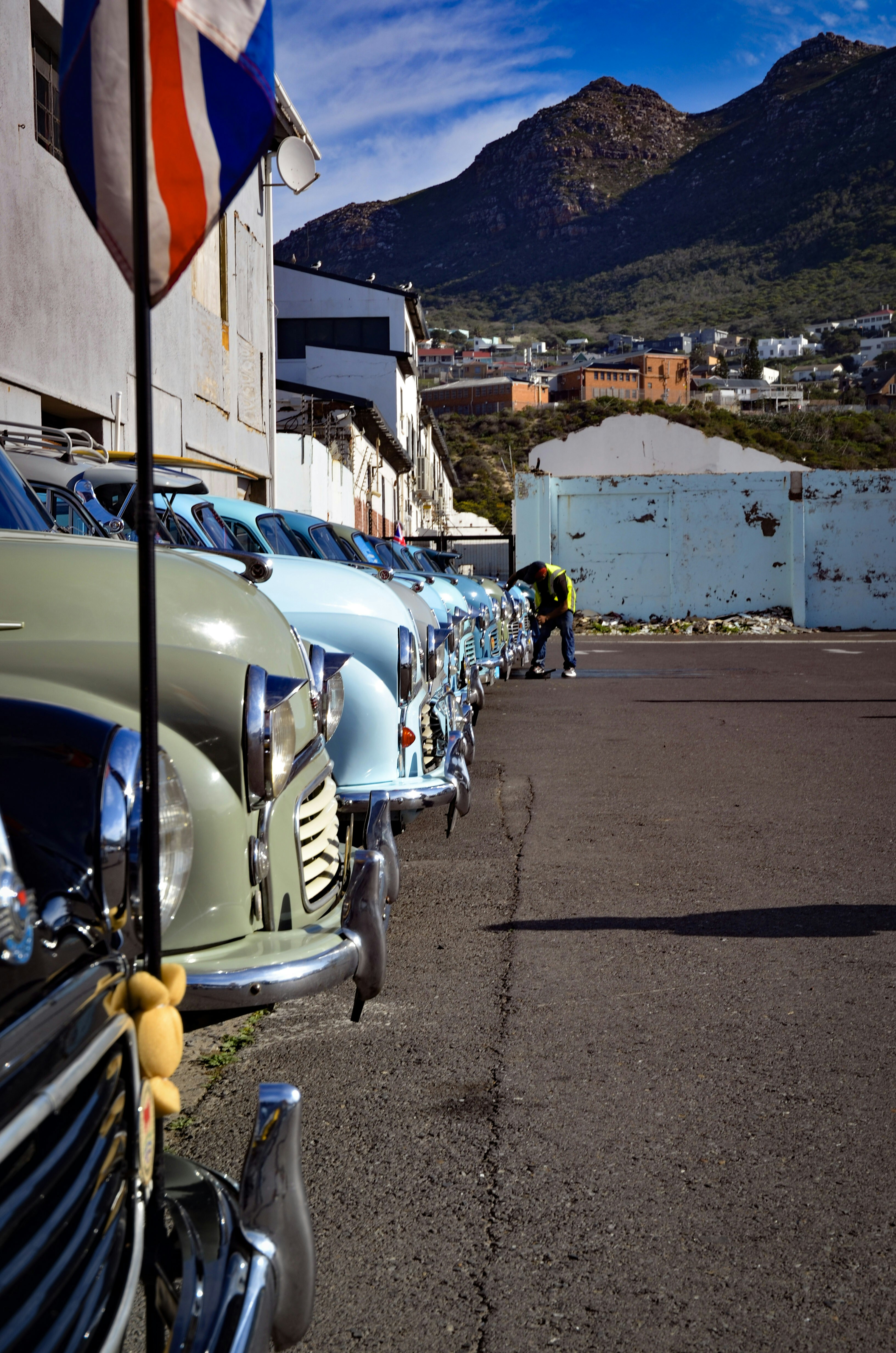 Pastel Lineup: Vintage Cars Stretch Along a Quiet Street