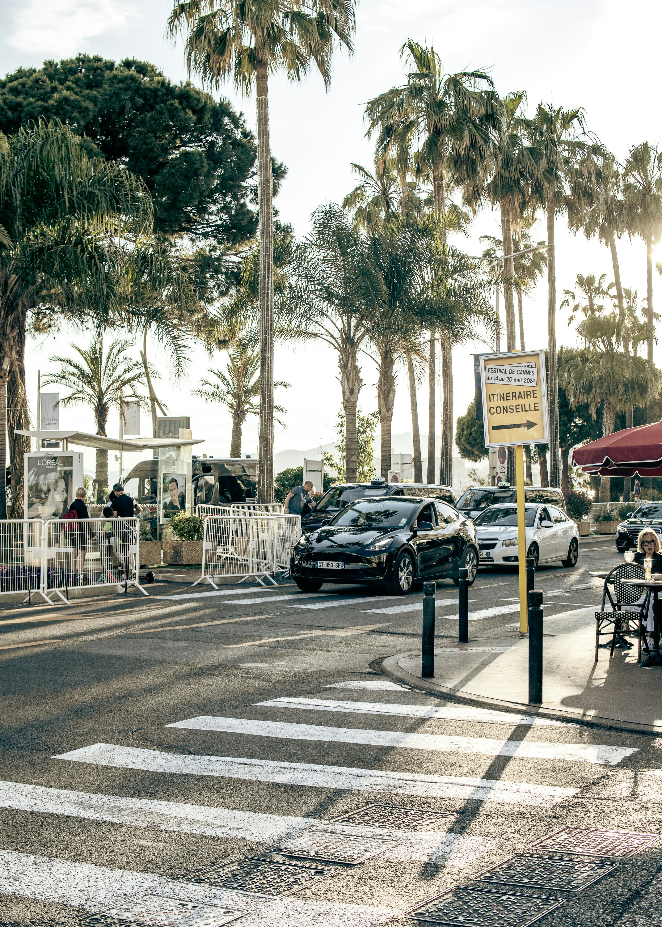 Palm-Lined Boulevard at Golden Hour: Crosswalk, Barriers, and a Quiet Coastal Street