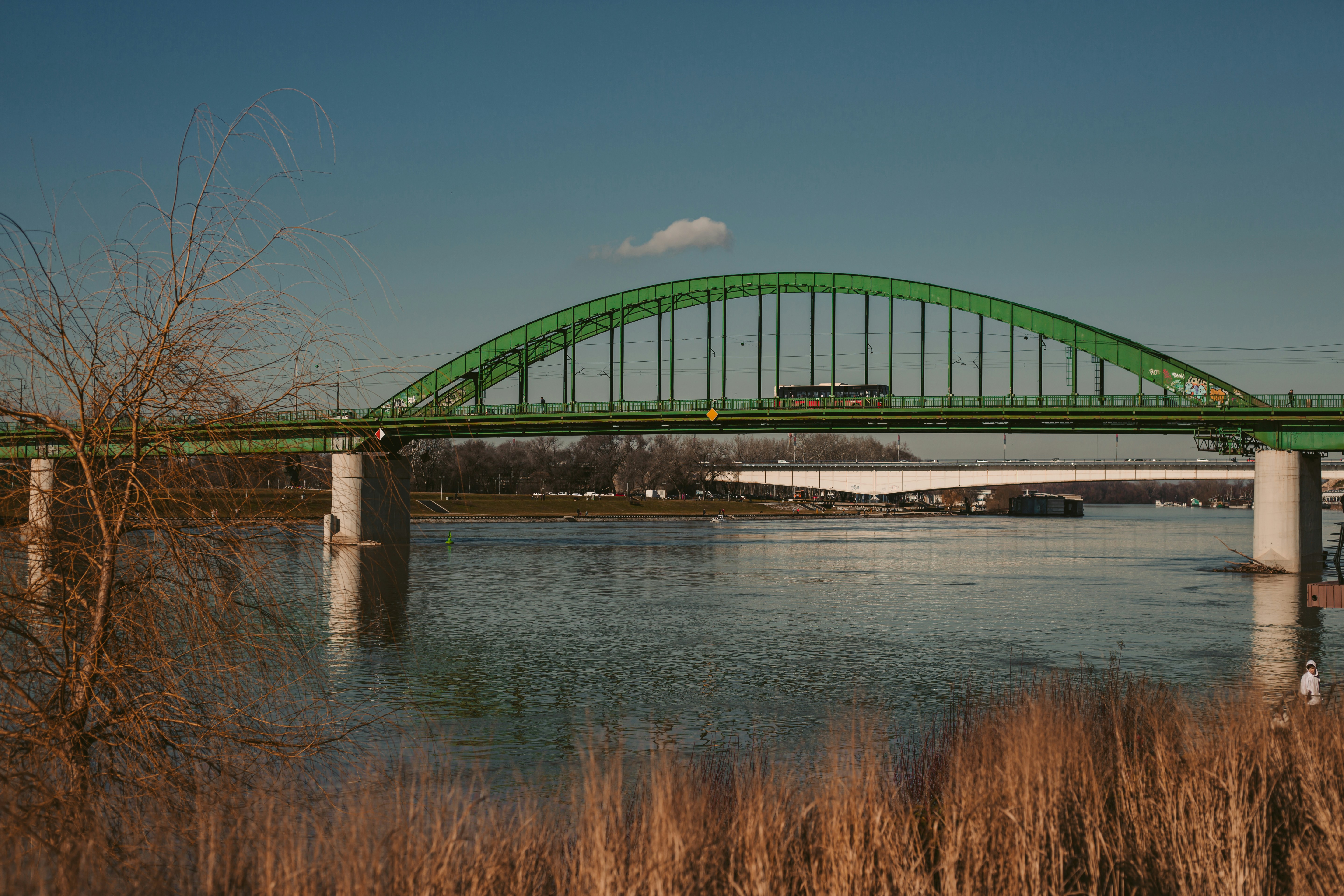 Arched green bridge spans across a calm river with reflections, set against a clear blue sky and flanked by bare winter trees.